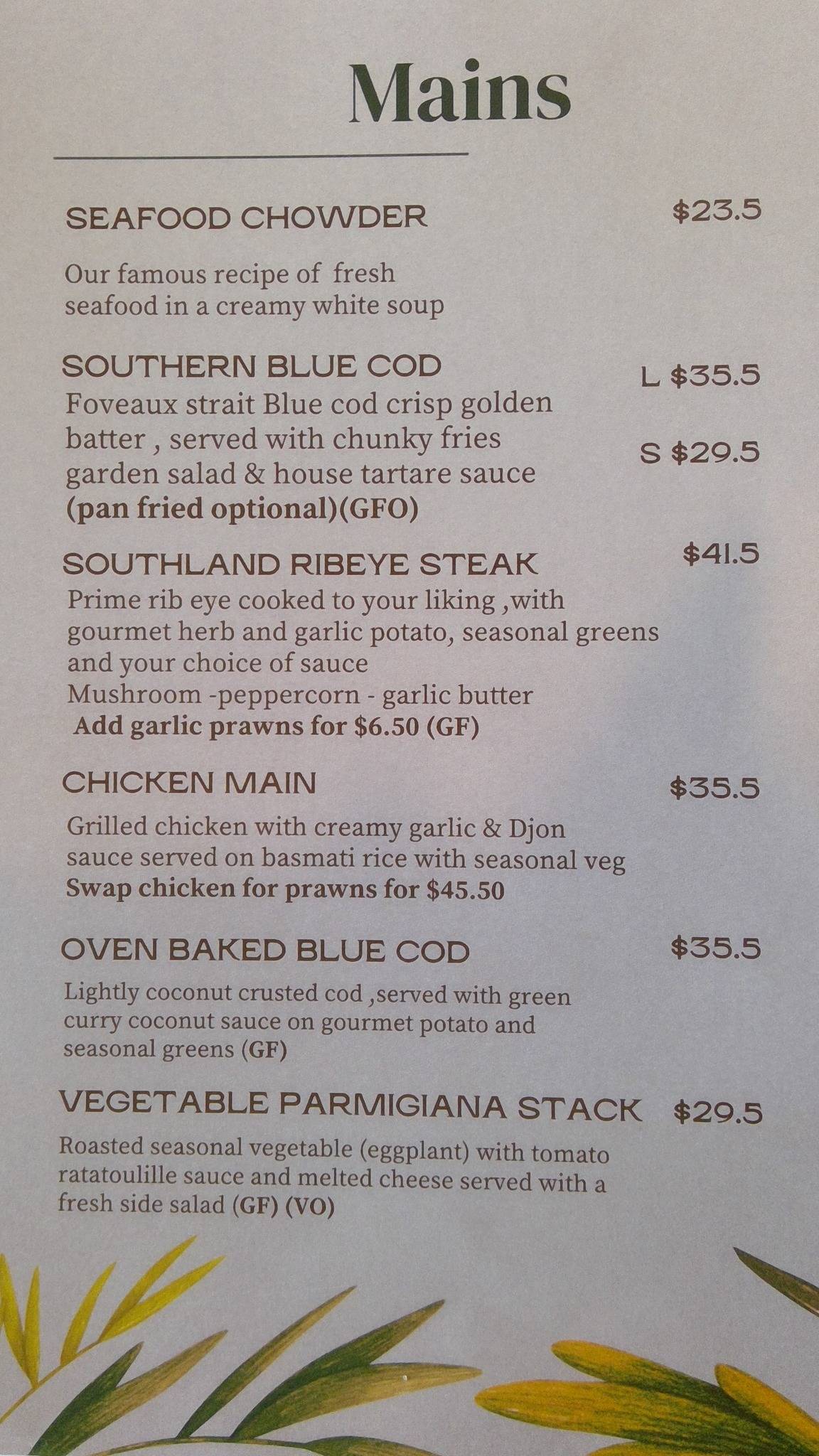 Menu at Aparima Restaurant and Bar, Riverton