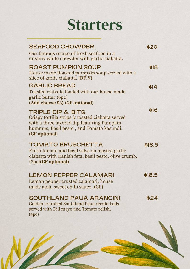 Menu at Aparima Restaurant and Bar, Riverton