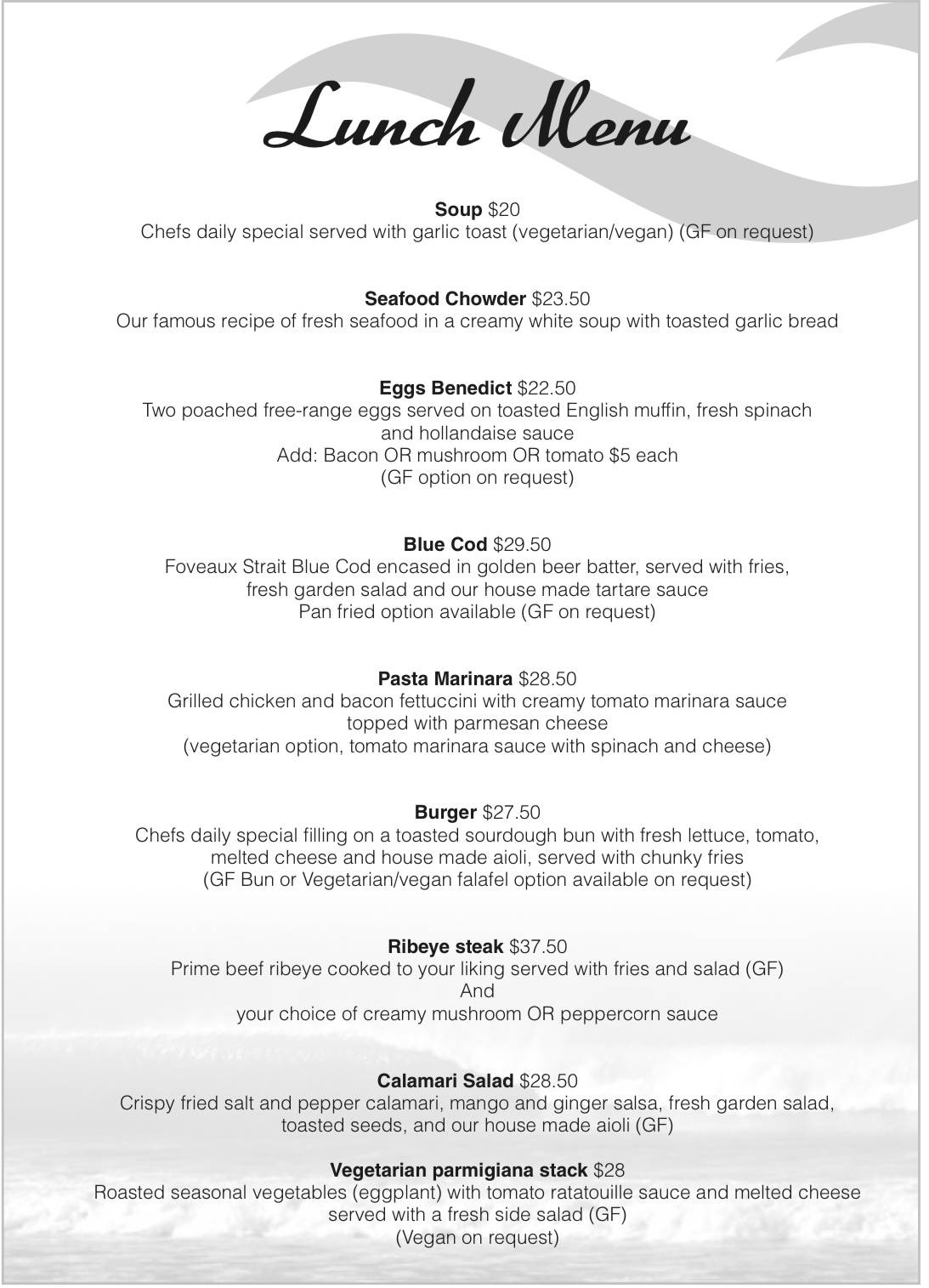 Menu at Aparima Restaurant and Bar, Riverton