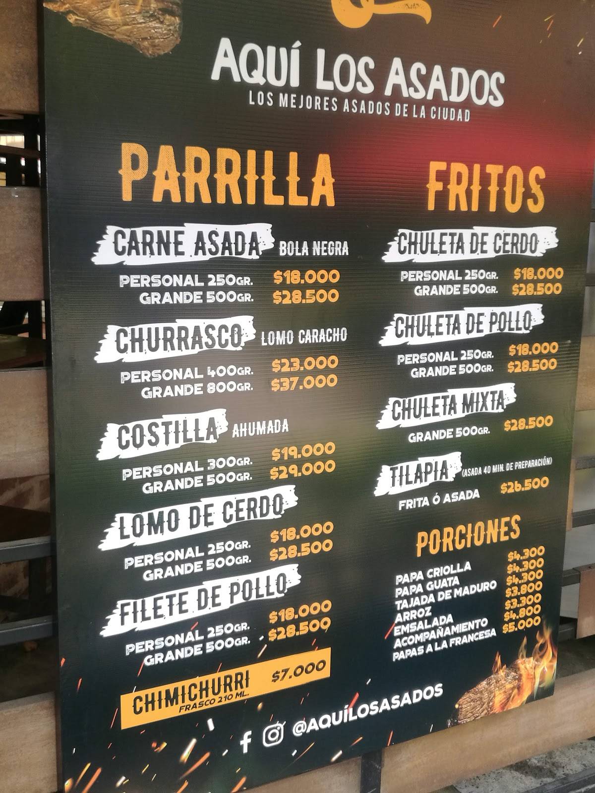 Carta del restaurante Aquí los asados, Cali
