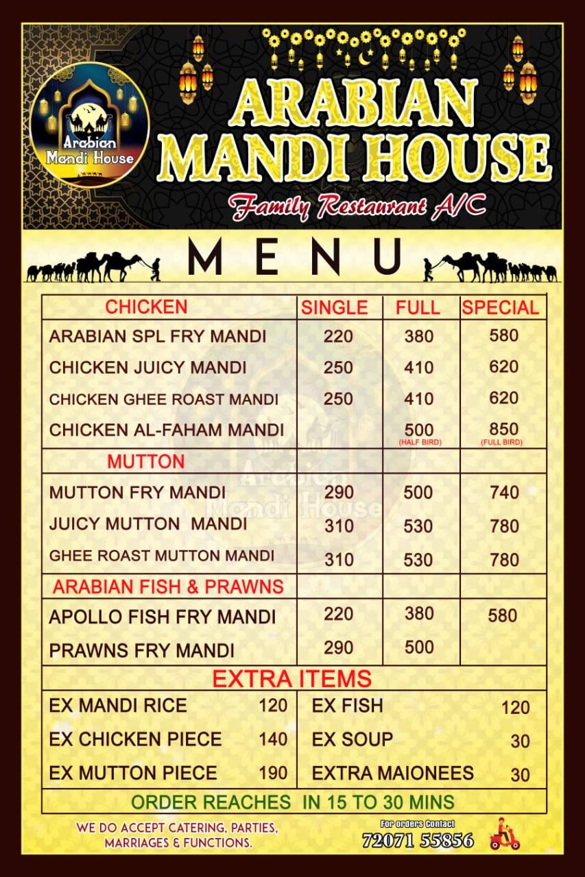 Menu at Arabian Mandi House, Nalgonda