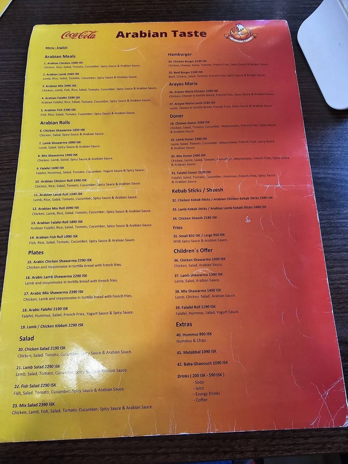 Carta del restaurante Arabian Taste, Reikiavik