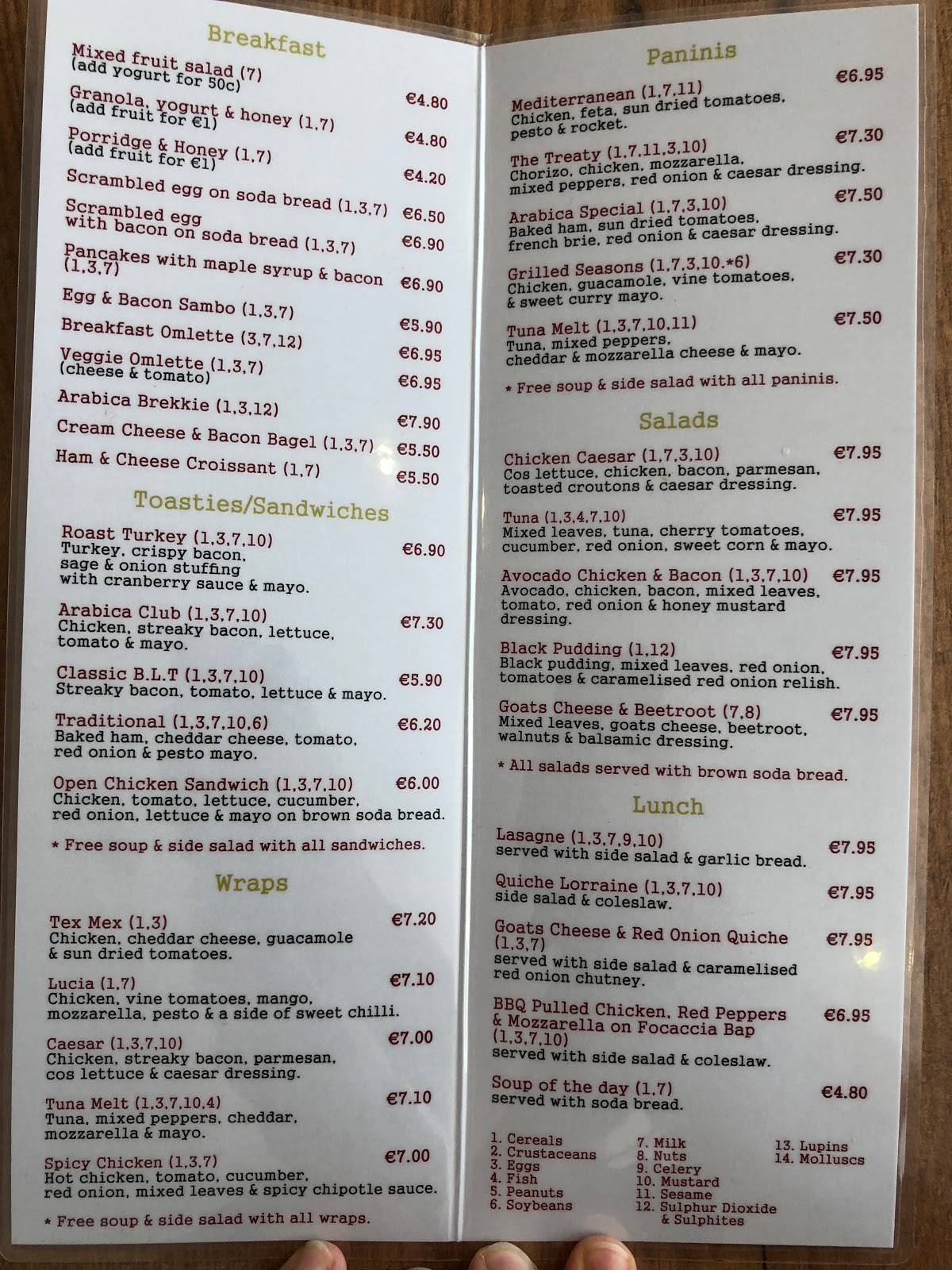 Menu at Arabica Coffee Co. cafe, Limerick