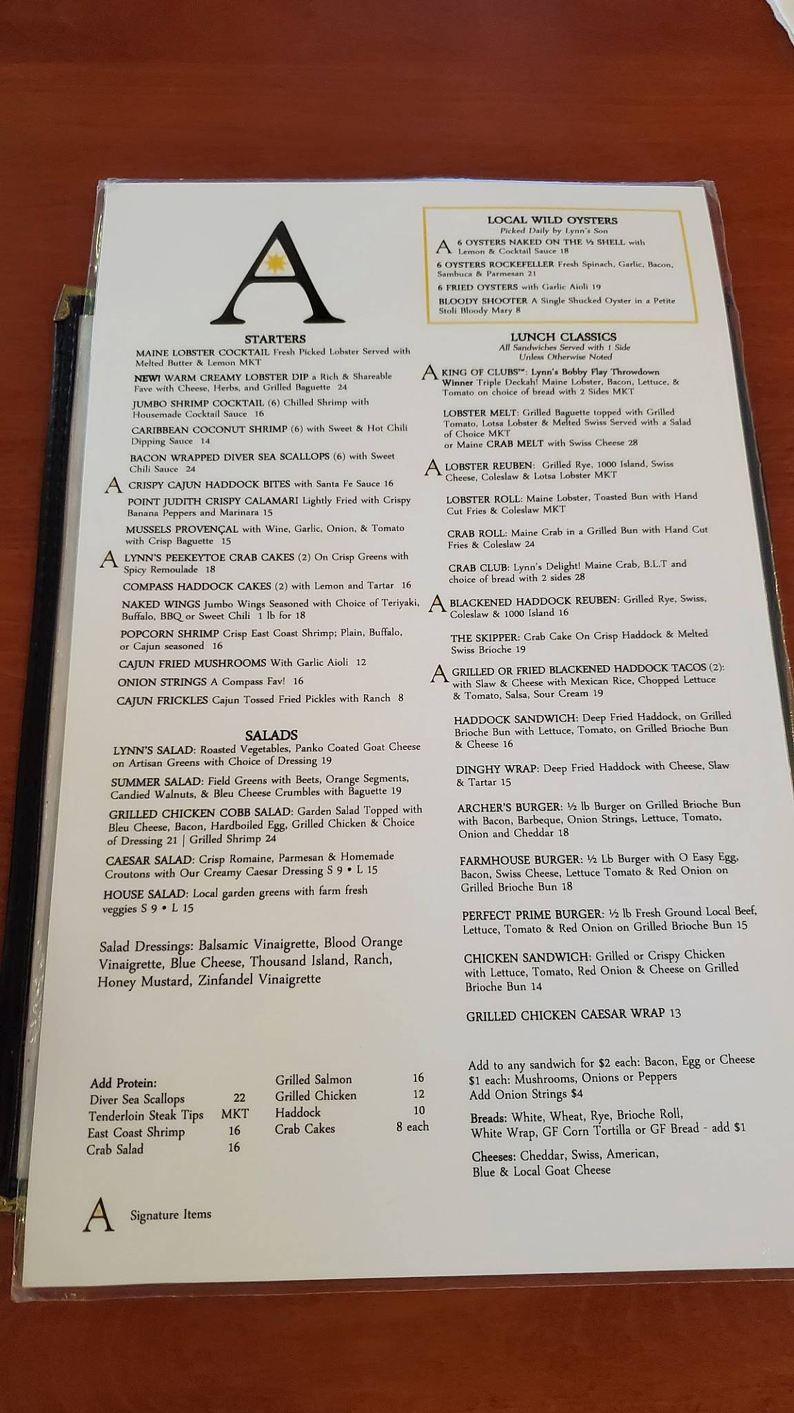 Menu at Archer’s on the Pier restaurant, Rockland