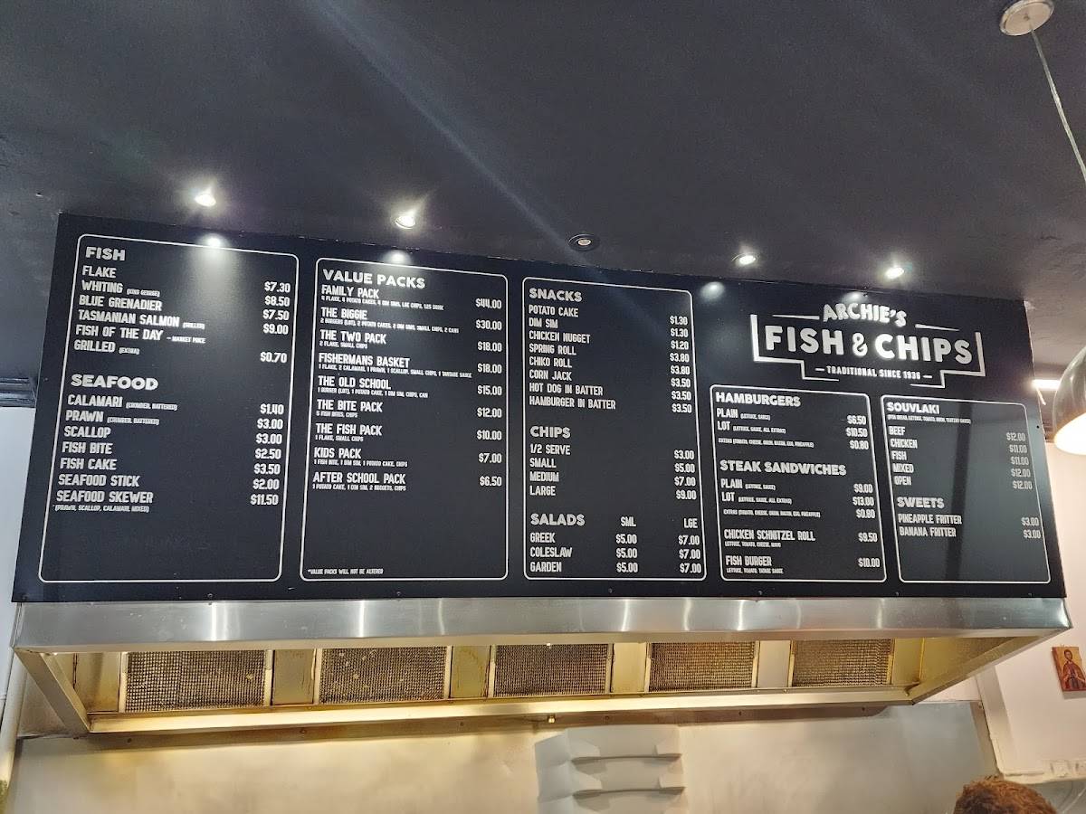 Menu at Archie's Fish And Chips restaurant, Mount Waverley