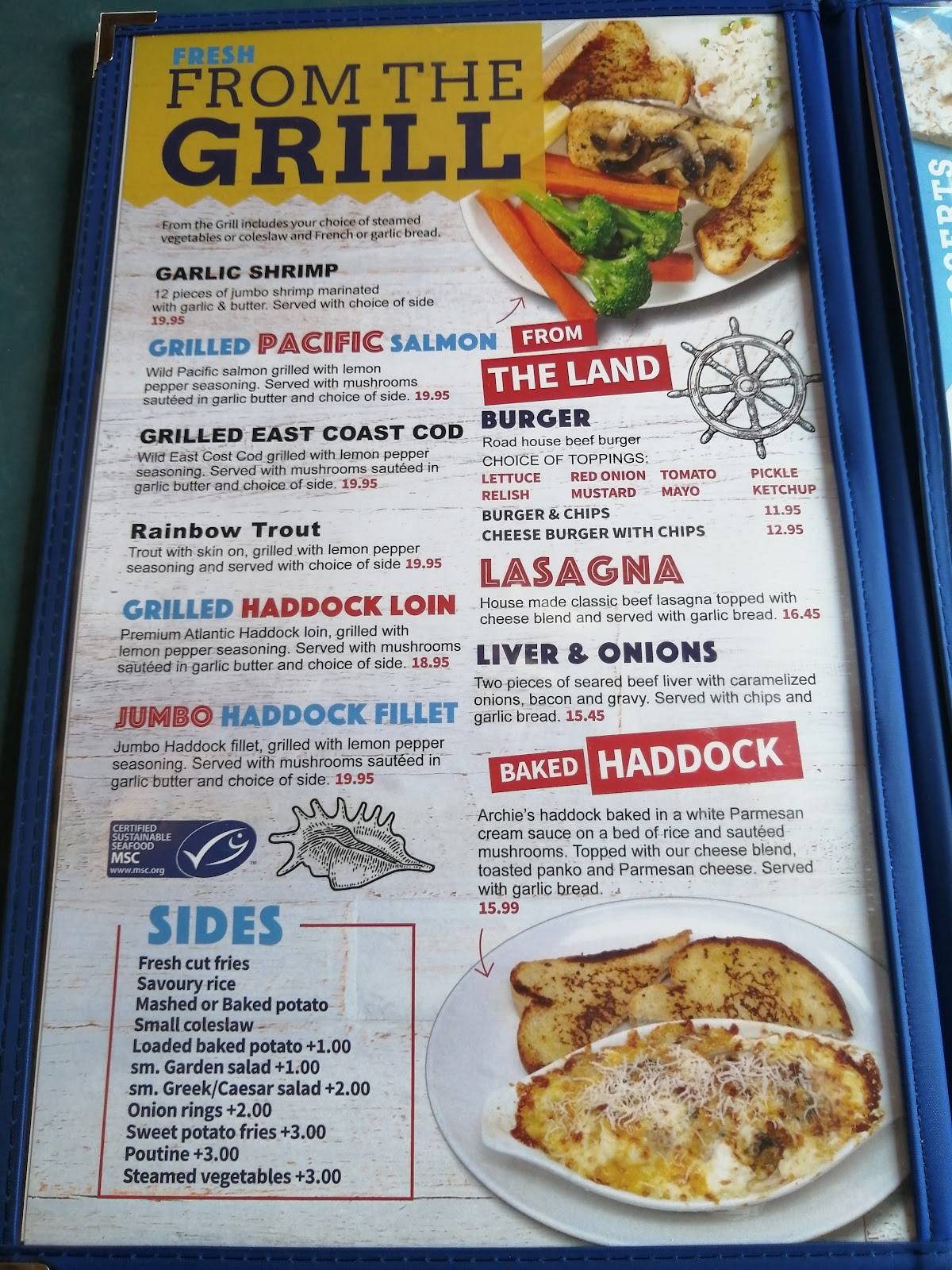 Menu at Archie's Fish & Chips restaurant, London, Huron St