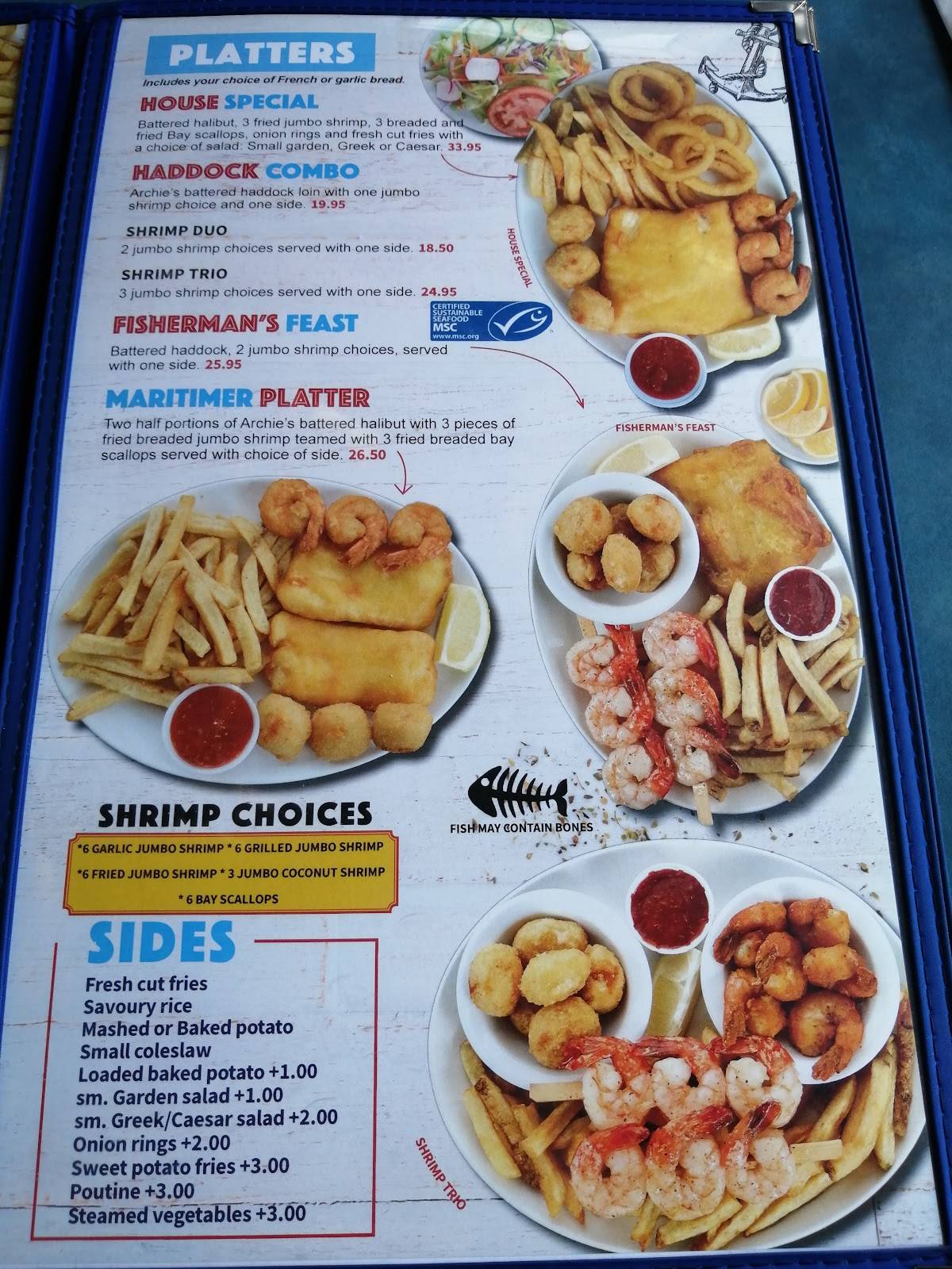 Menu at Archie's Fish & Chips restaurant, London, Huron St