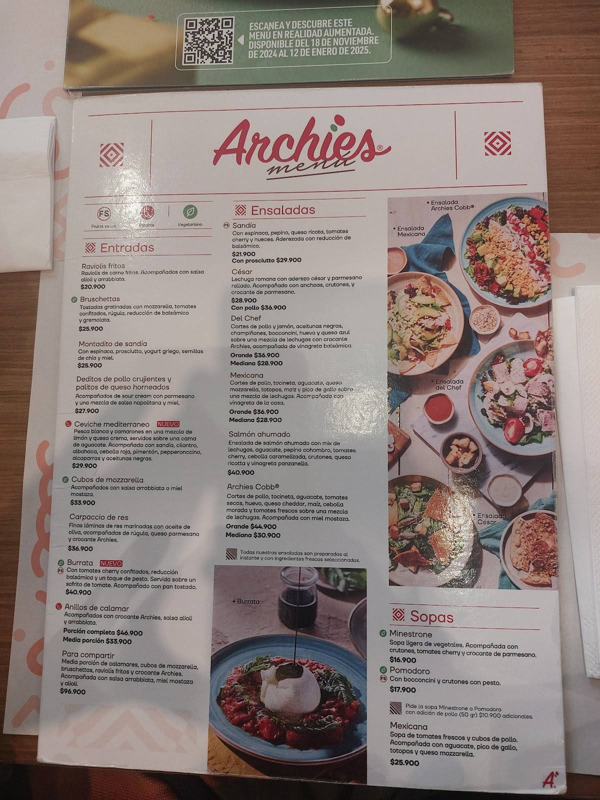 Carta del restaurante Archies, Bogotá, Ac. 26 #103-09