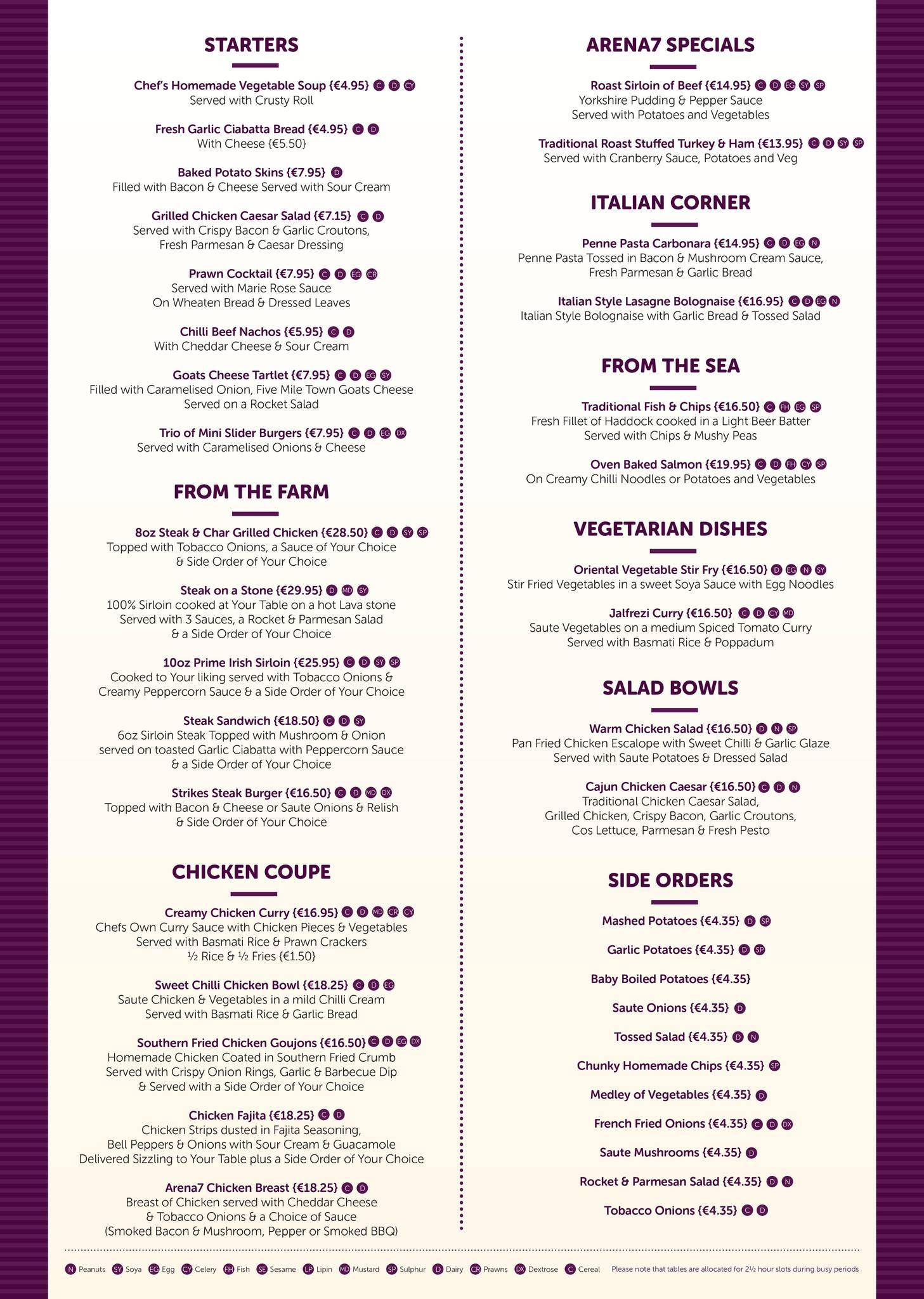 Menu at Arena Seven restaurant, Letterkenny