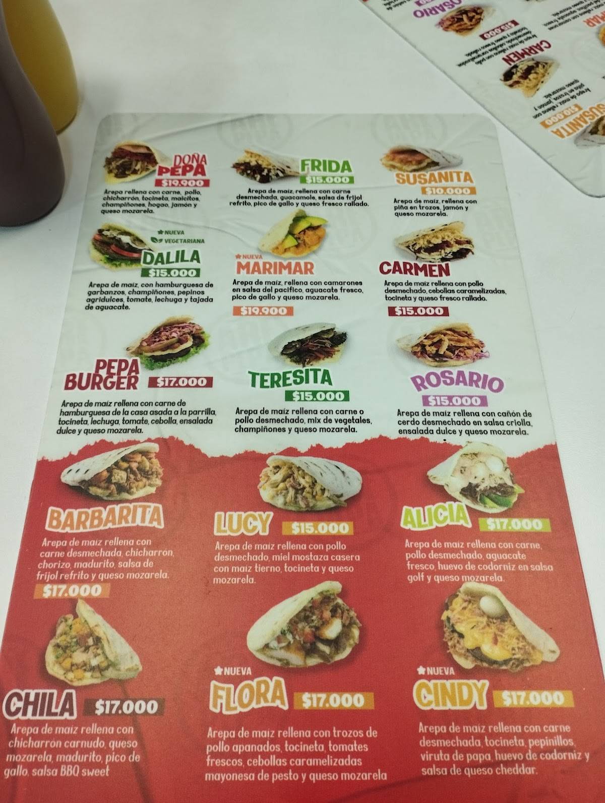 Carta del restaurante Arepepa Belén Arepas Rellenas Medellín, Colombia