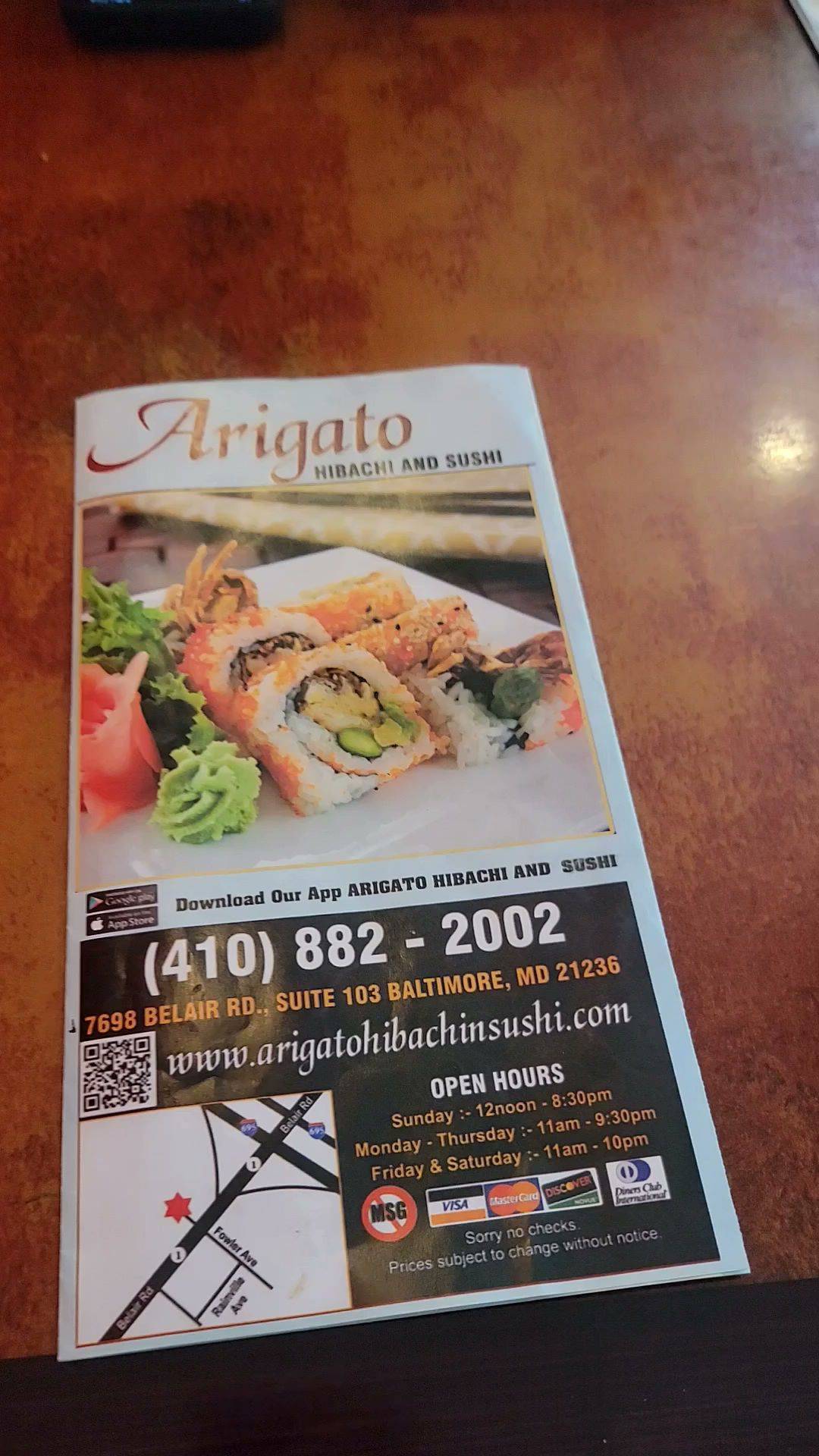 Menu at Arigato Hibachi restaurant, Baltimore