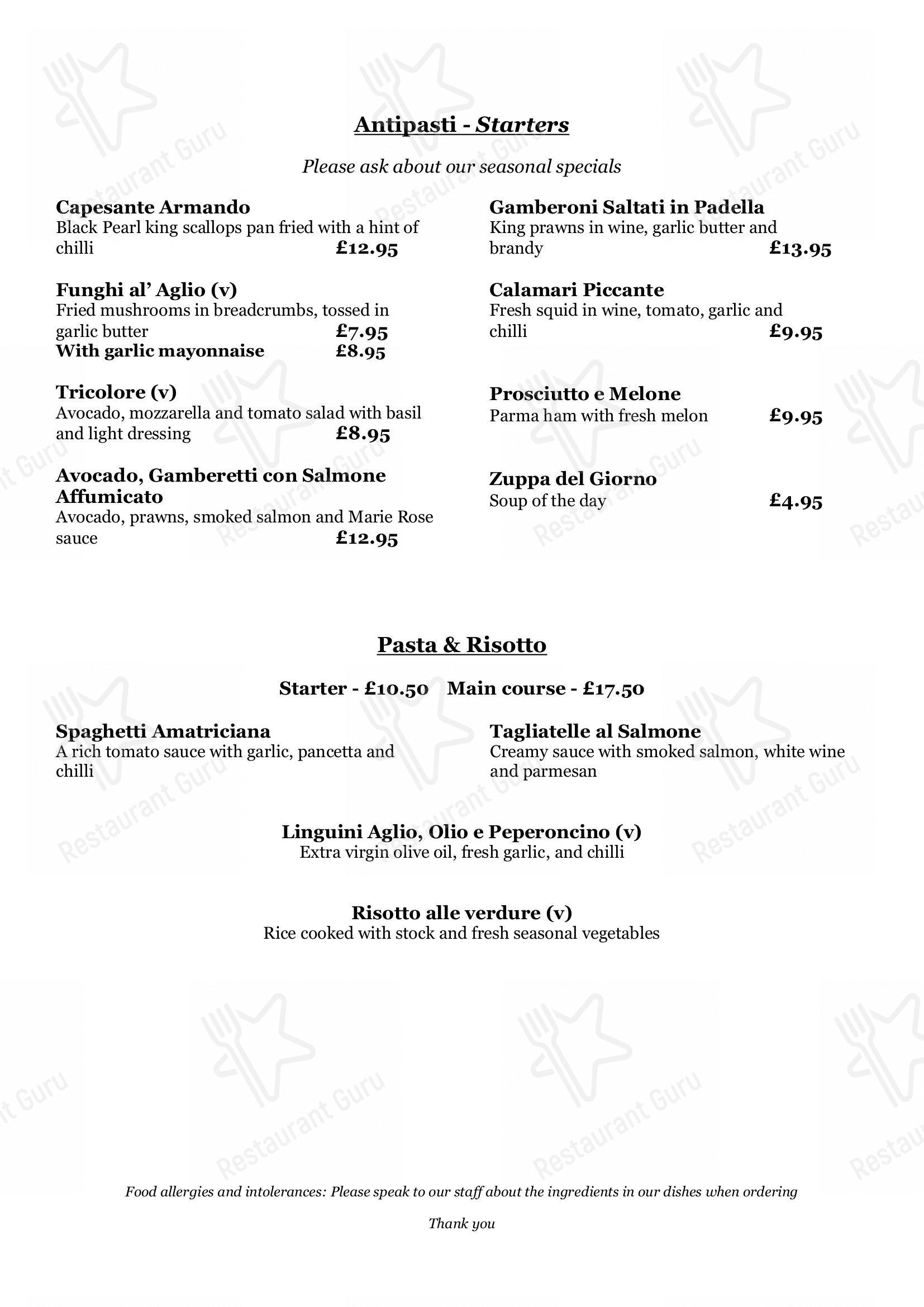 Menu at Armando's Restaurant at The Talbot Hotel, Belper