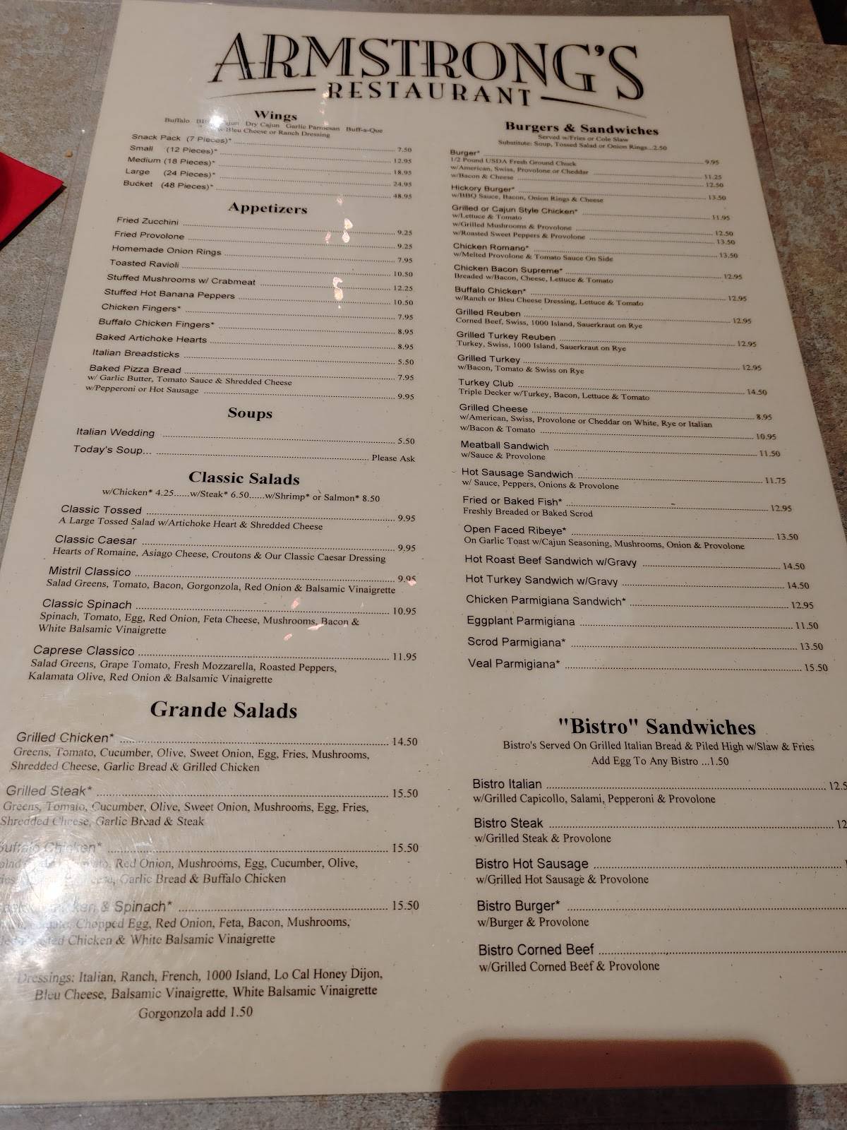 Menu at Armstrong's restaurant, Pittsburgh