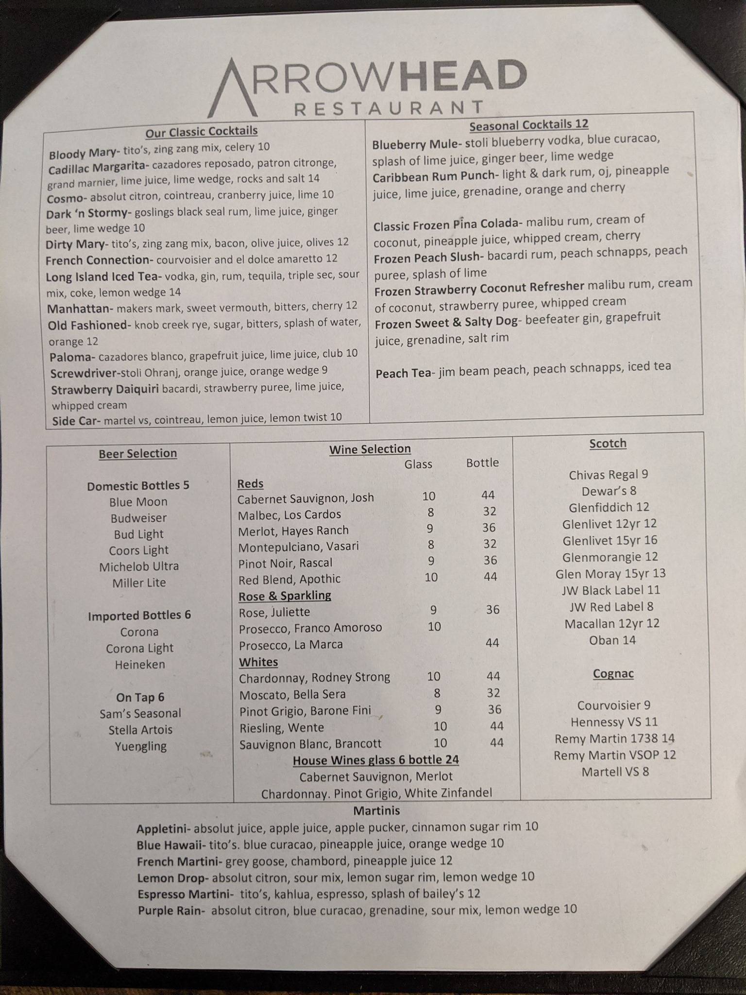 Menu at Arrowhead Restaurant, Southbury
