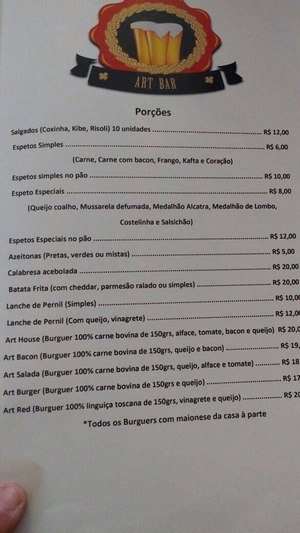 Menu at Art Bar, São Paulo, R. Américo Brasiliense
