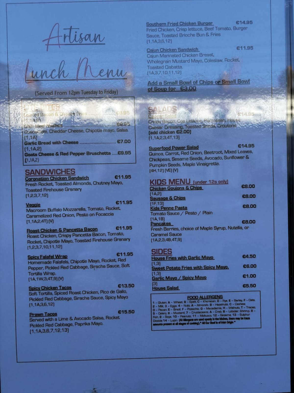 Menu at Artisan Cafe & Bistro, Bray