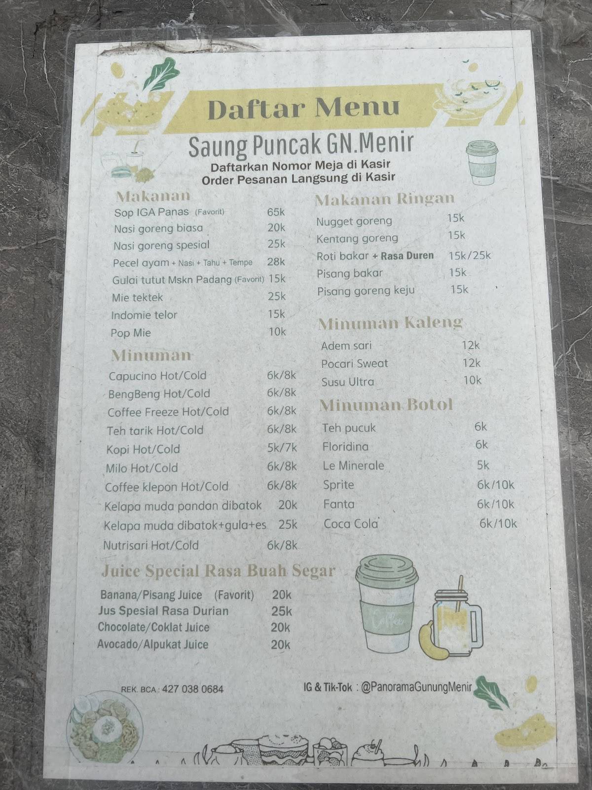 Menu at Aruna Coffee Gunung Menir, Indonesia