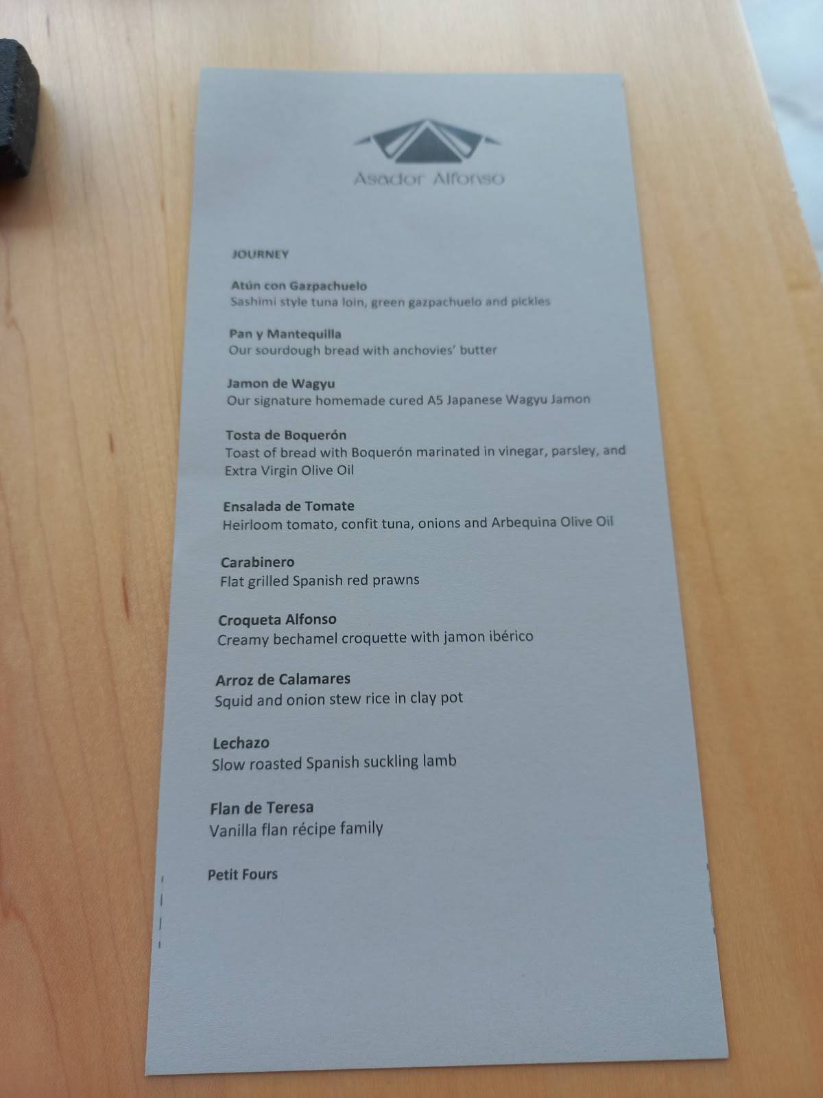 Menu at Asador Alfonso restaurant, Alfonso