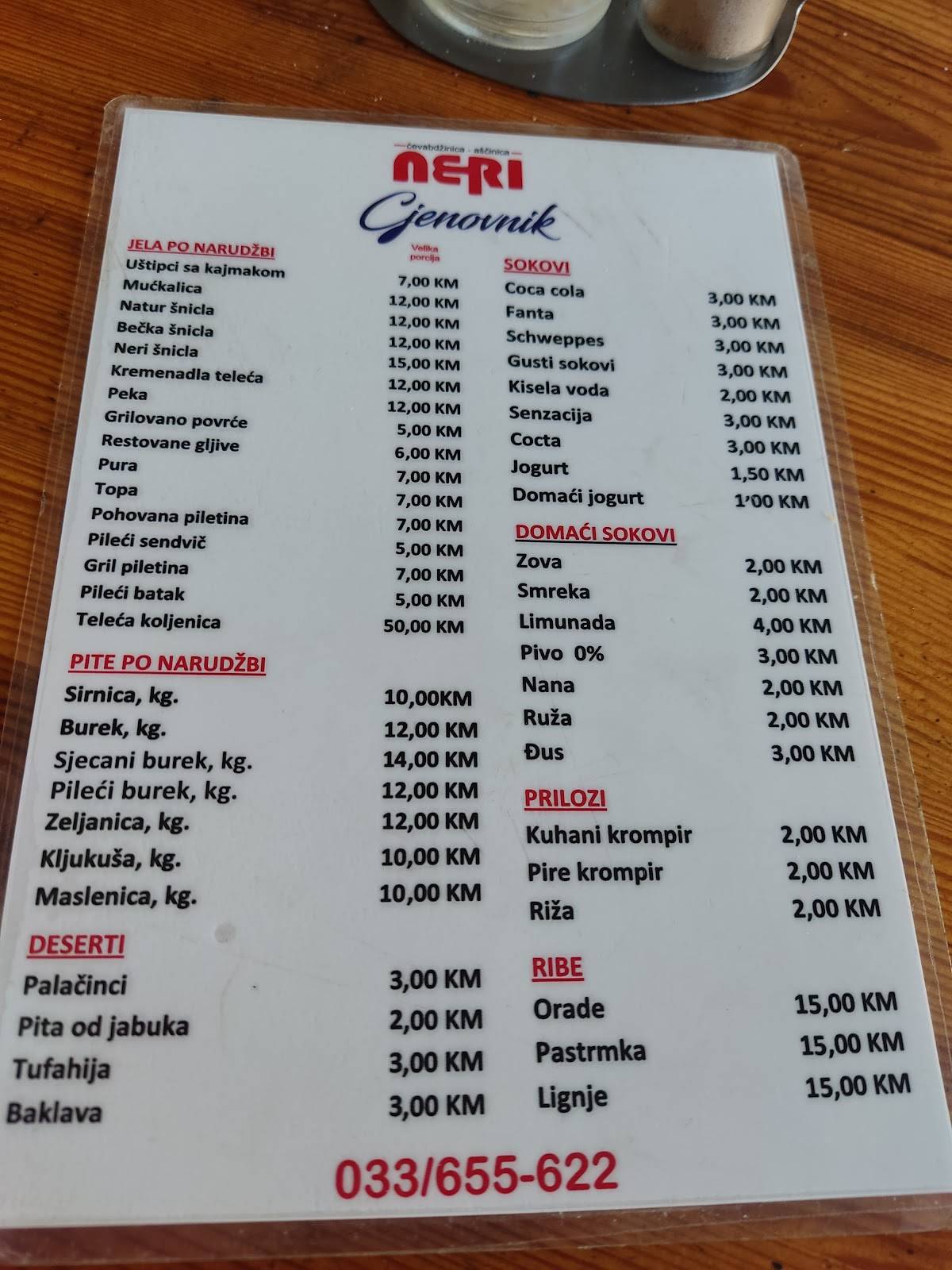 Menu at Ascinica NUR restaurant, Sarajevo