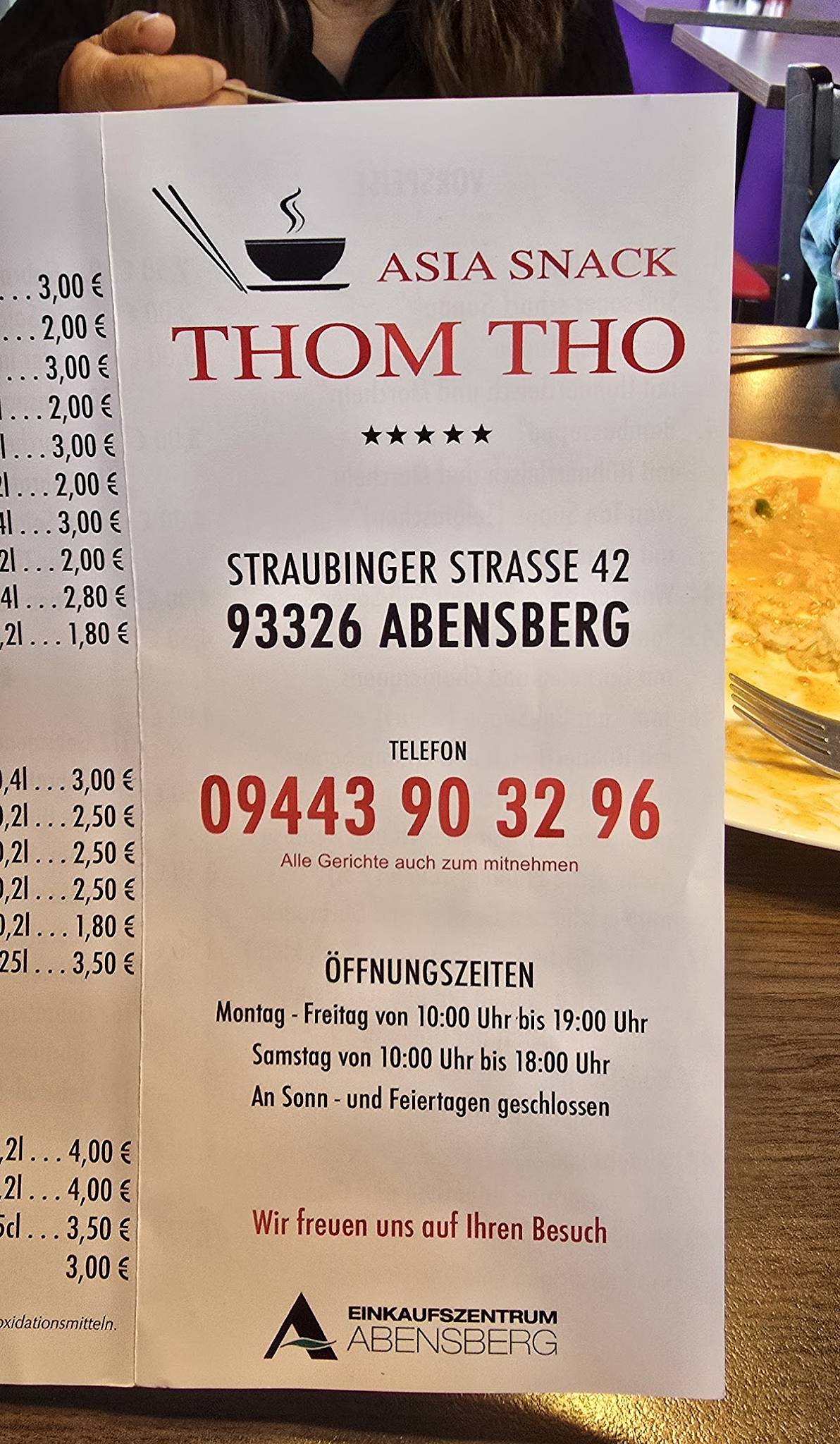 Speisekarte von Asia Snack Thom Tho restaurant, Abensberg