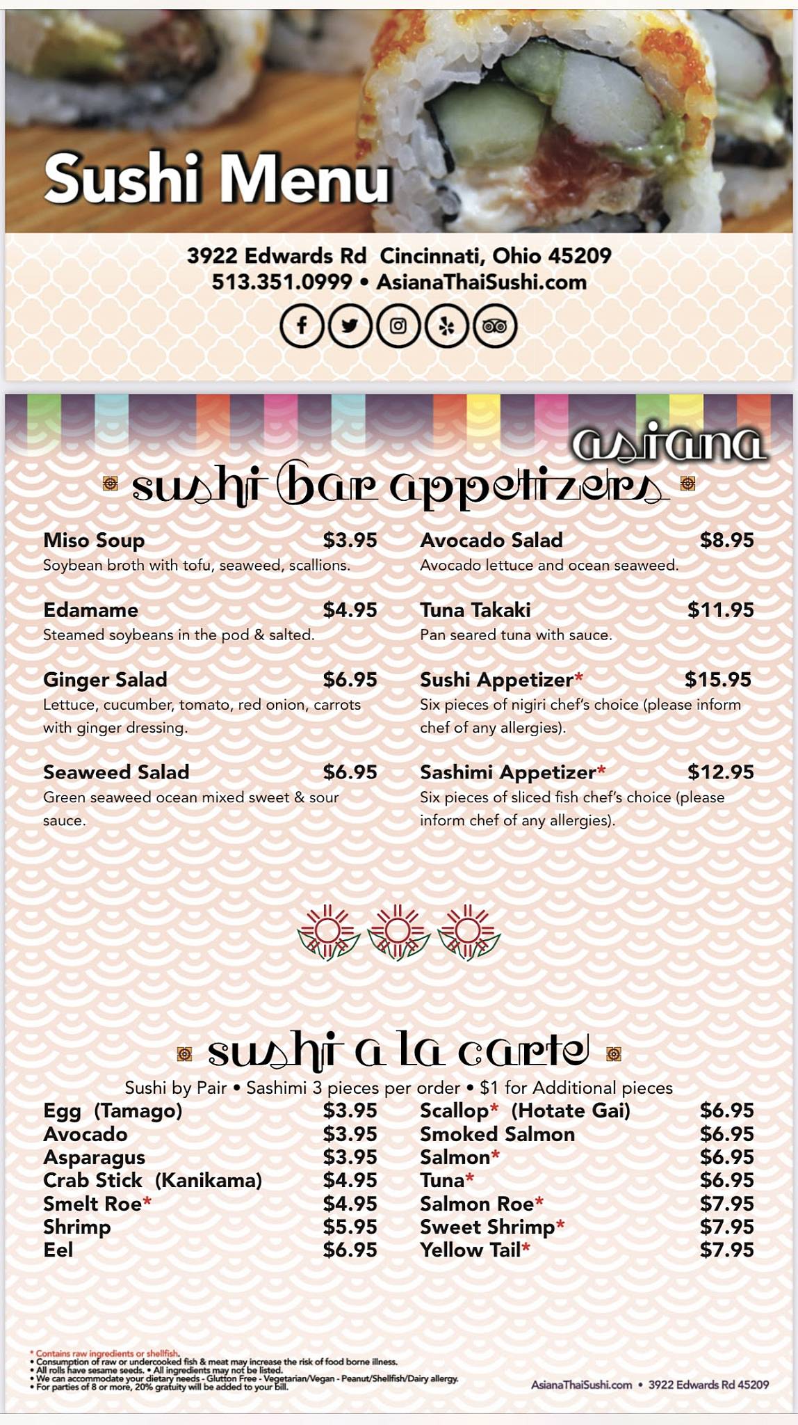 Menu at Asiana Thai and Sushi of Hyde Park restaurant, Cincinnati