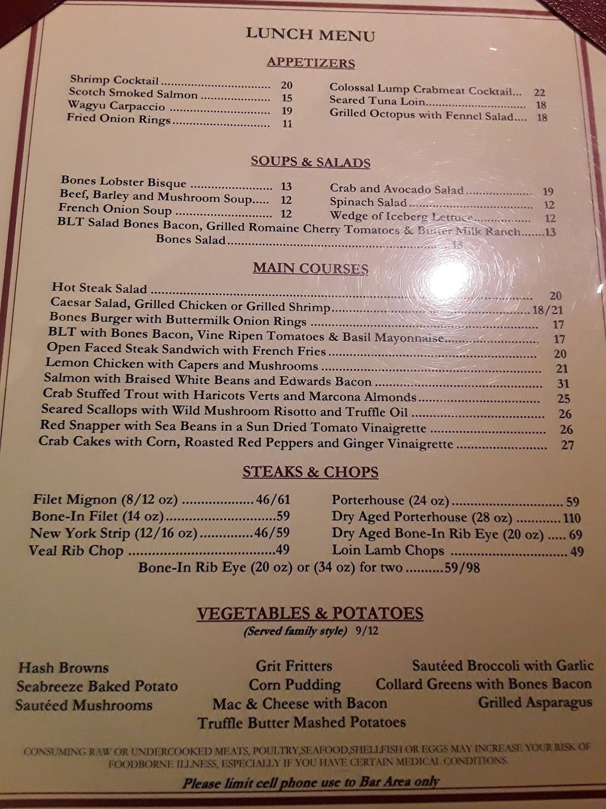 Menu at Bones Restaurant, Atlanta