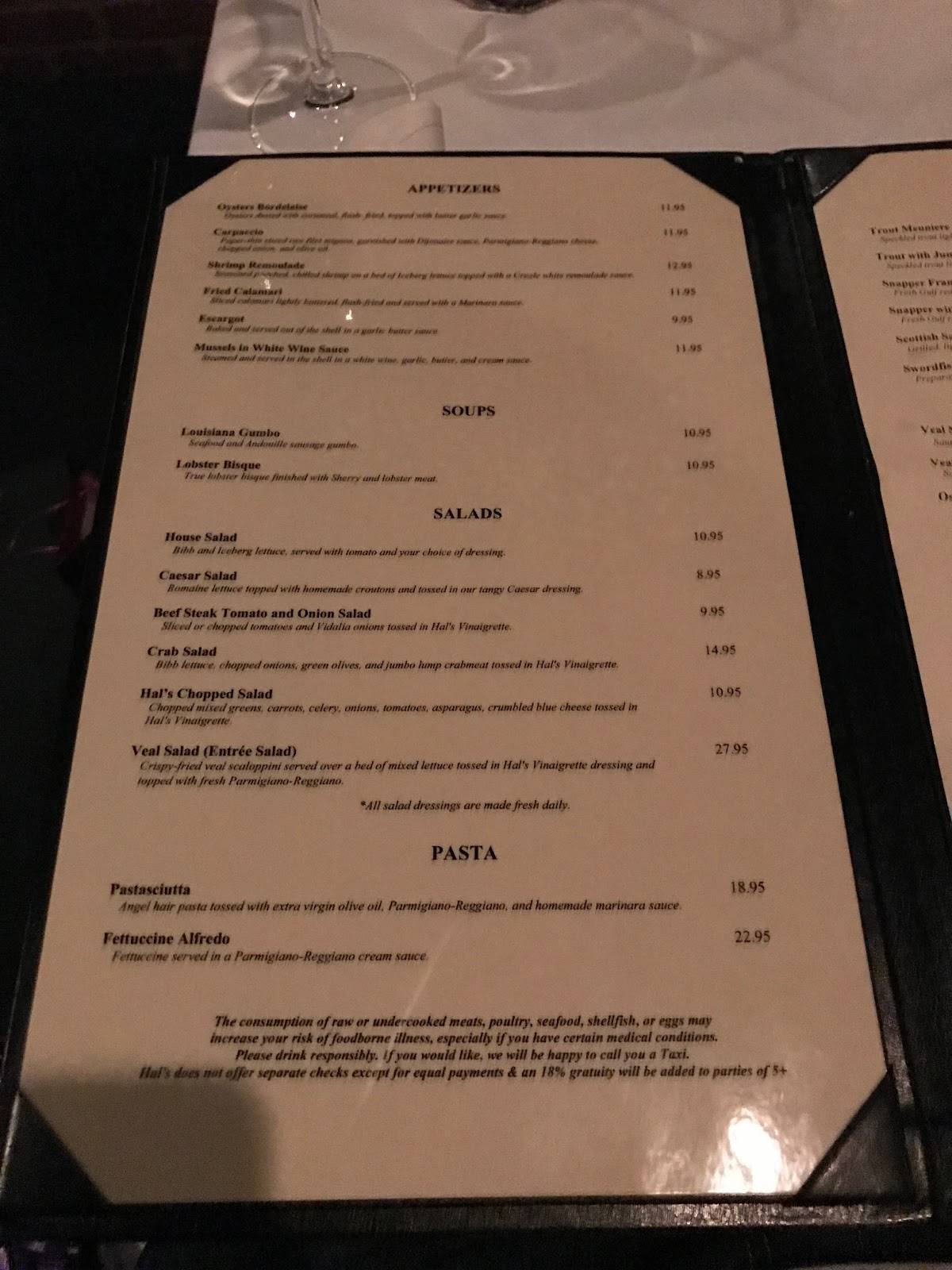 Menu at Hal's "The Steakhouse", Atlanta