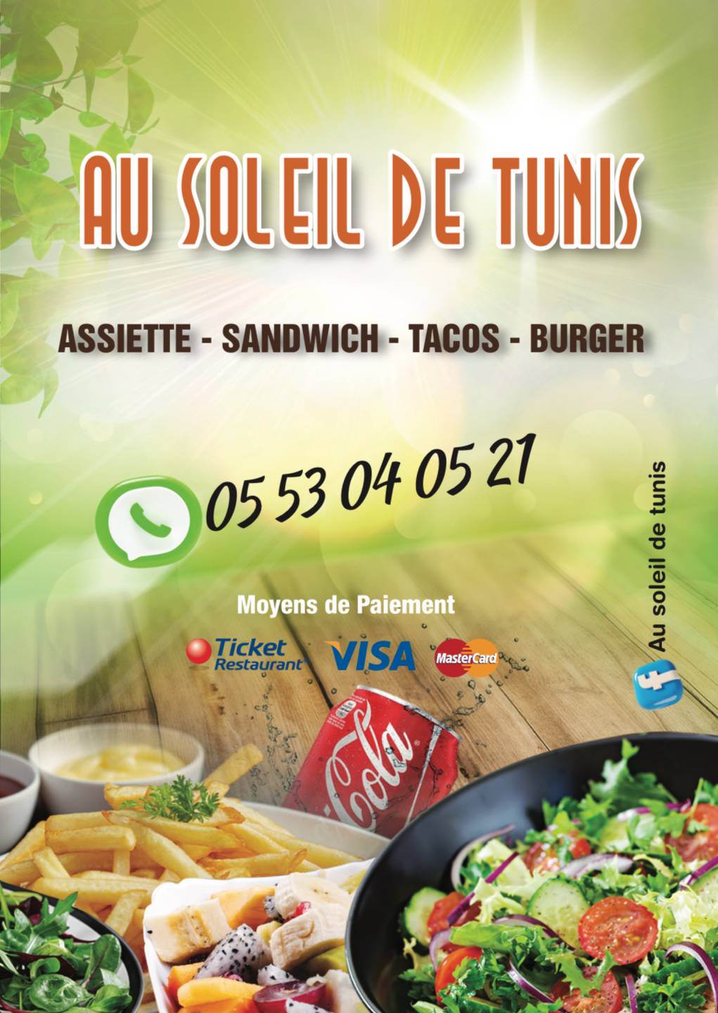 Menu au Au Soleil de Tunis fast food, Saint-Astier
