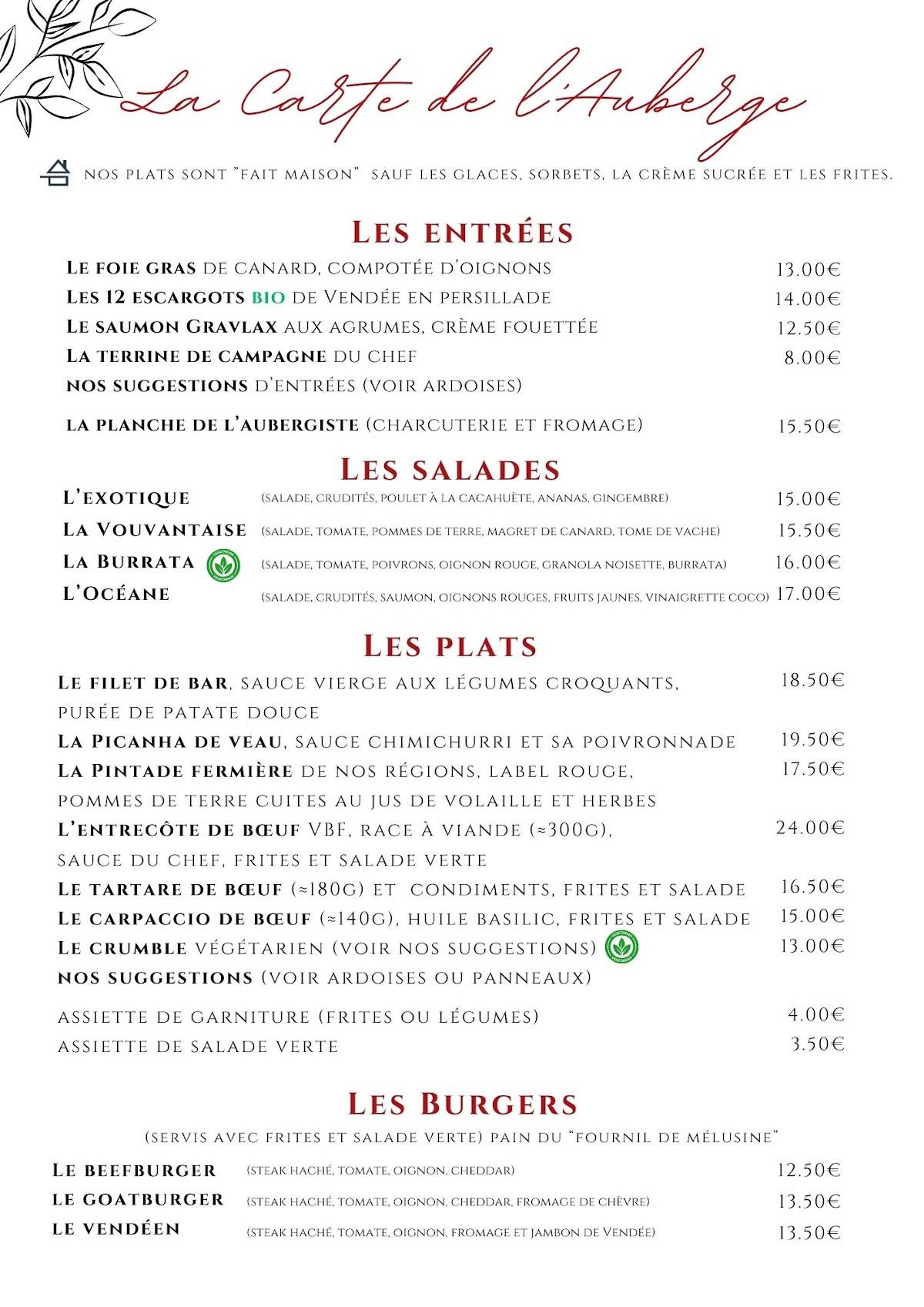 Menu au Auberge de Maître Pannetier pub et bar, Vouvant