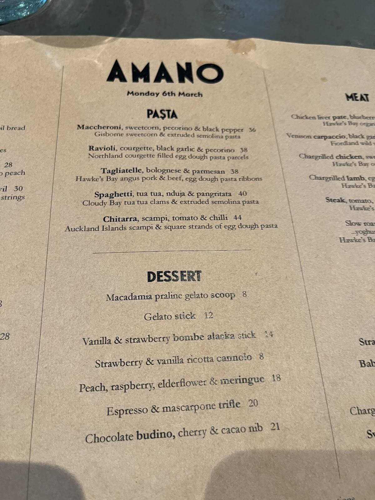 Menu at Amano restaurant, Auckland, 66 - 68