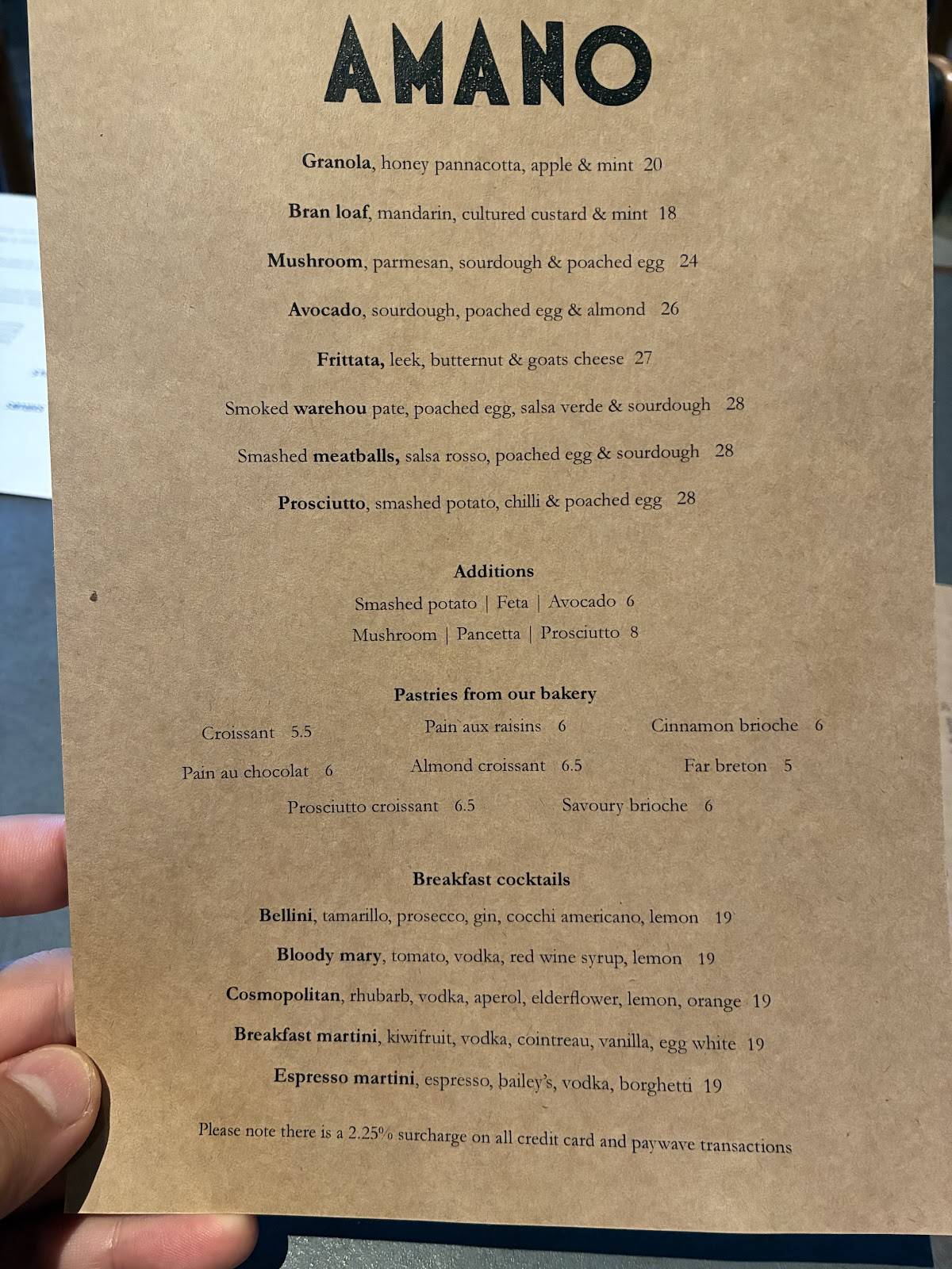 Menu at Amano restaurant, Auckland, 66 - 68