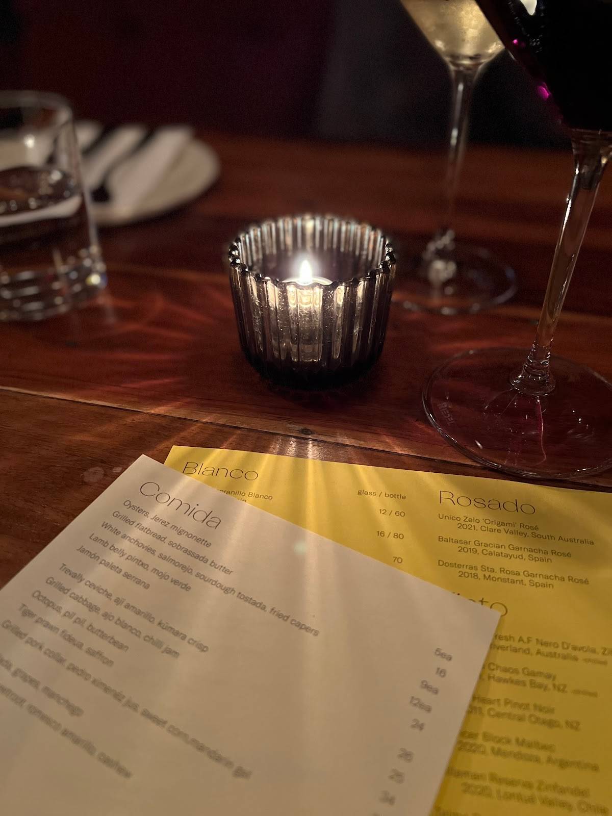 Menu at Candela restaurant, Auckland