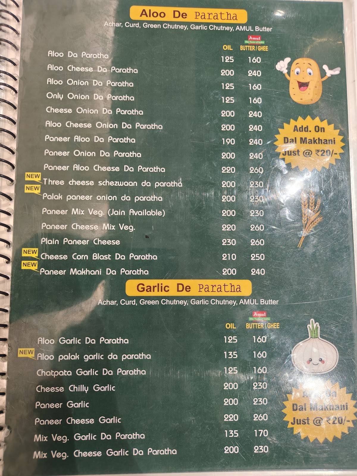 Menu at Aunty de parathe(gurukulwala), Ahmedabad, Raju Complex