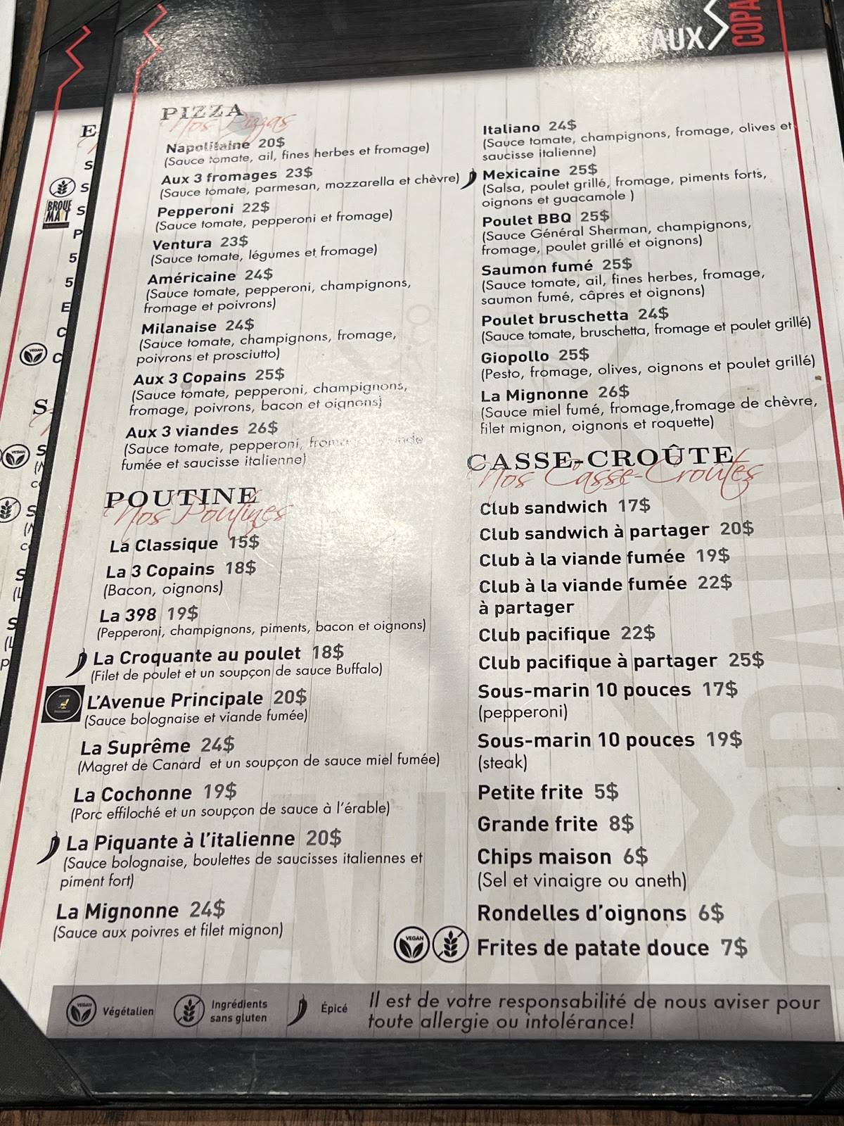 Menu at Aux 3 Copains restaurant, Saint-Donat-de-Montcalm