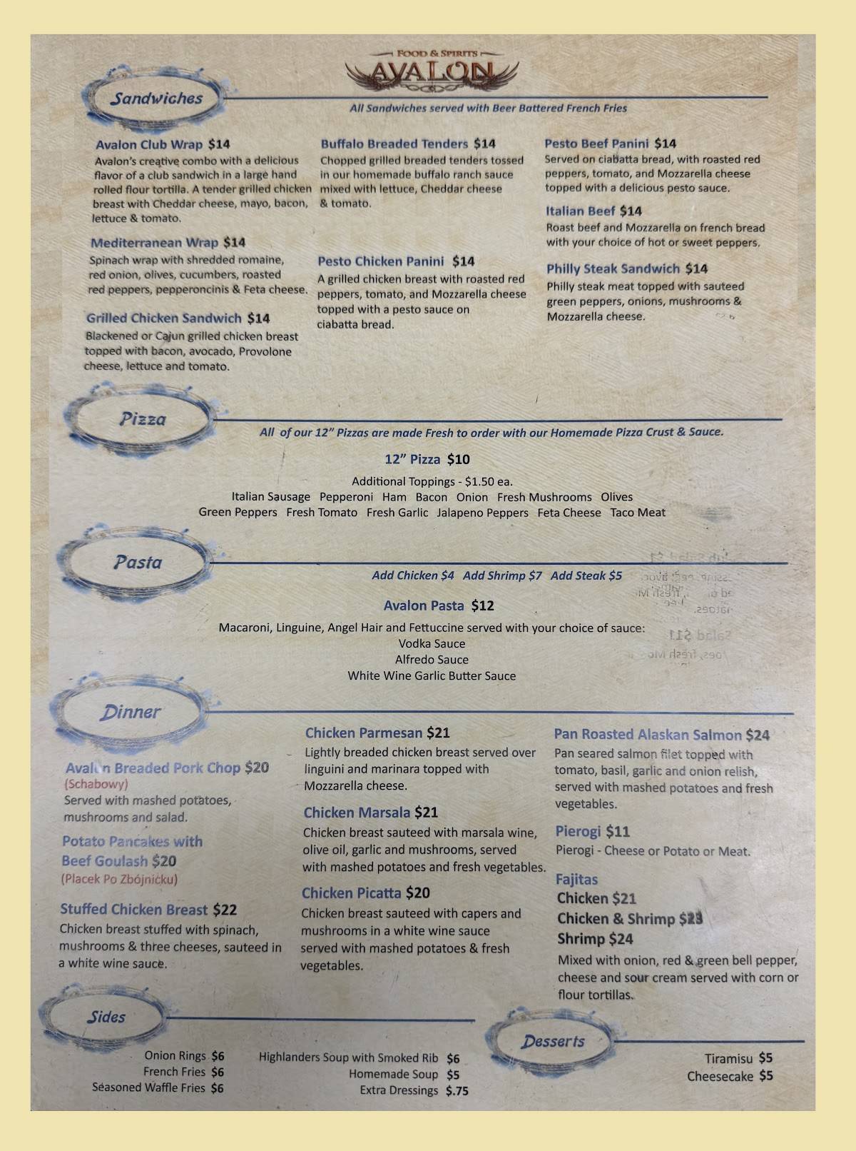 Menu at Avalon Food & Spirits pub & bar, Palos Hills