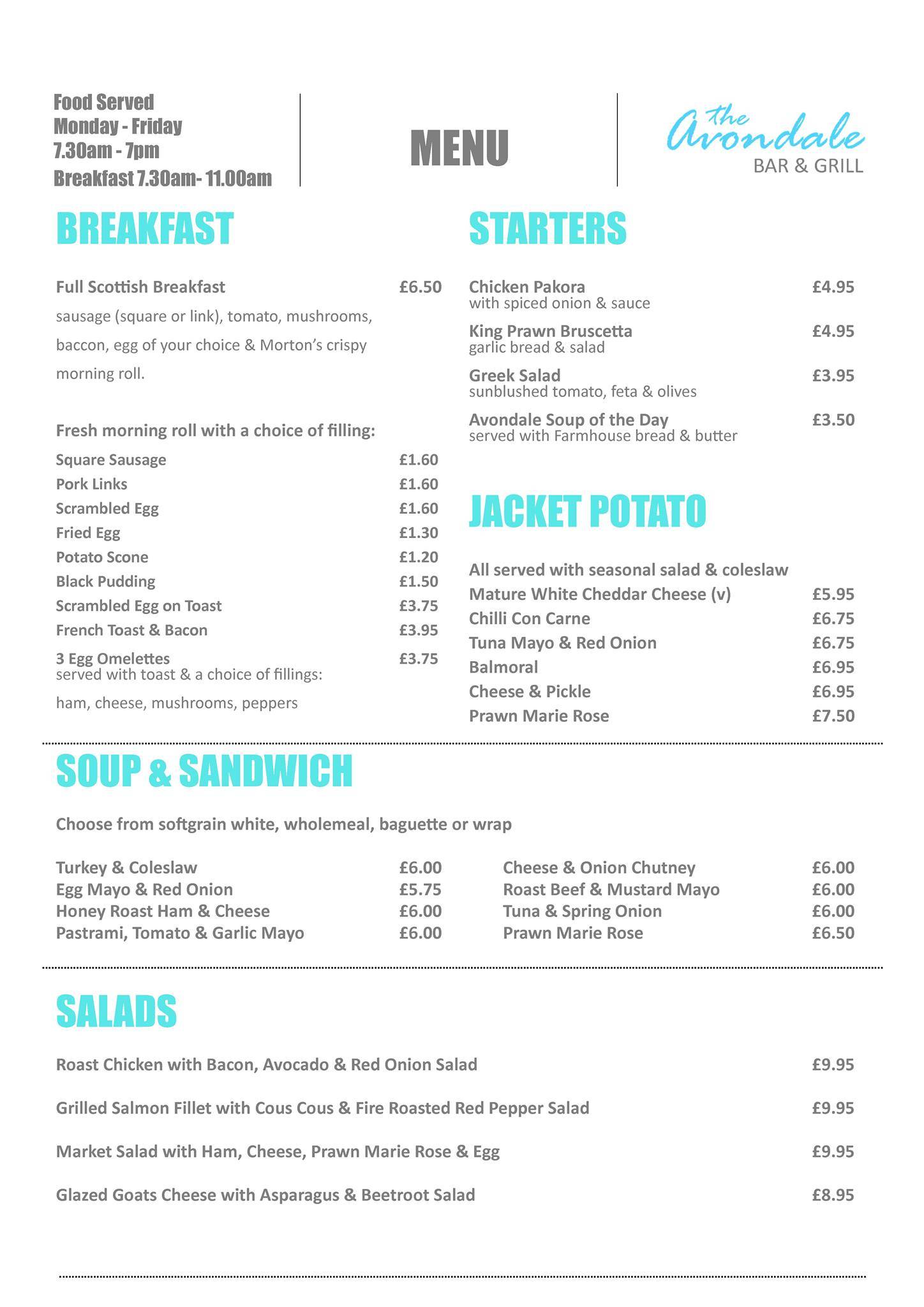 Menu at Avondale Leisure restaurant, Bellshill