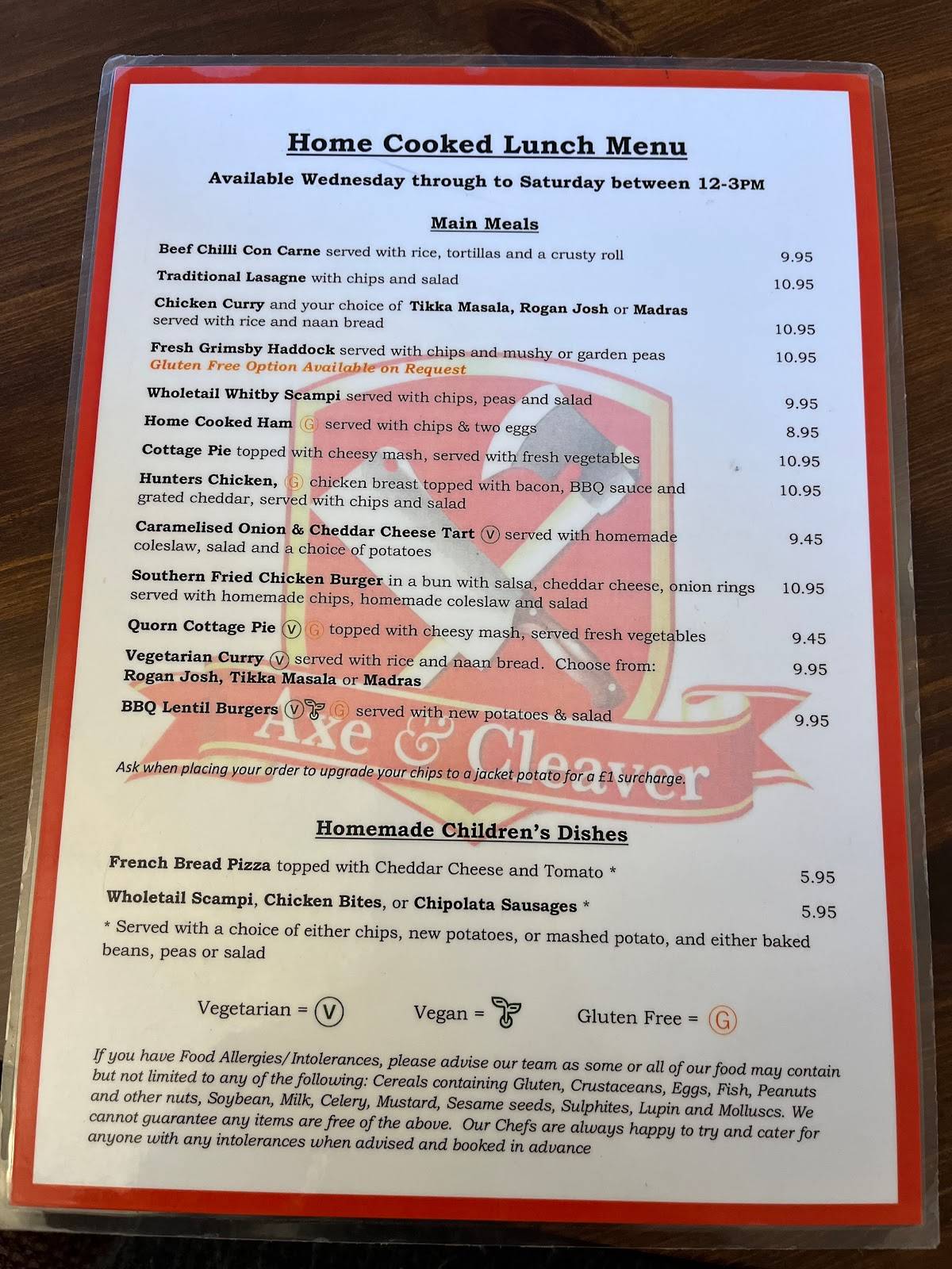 Menu at Axe and Cleaver pub & bar, North Somercotes