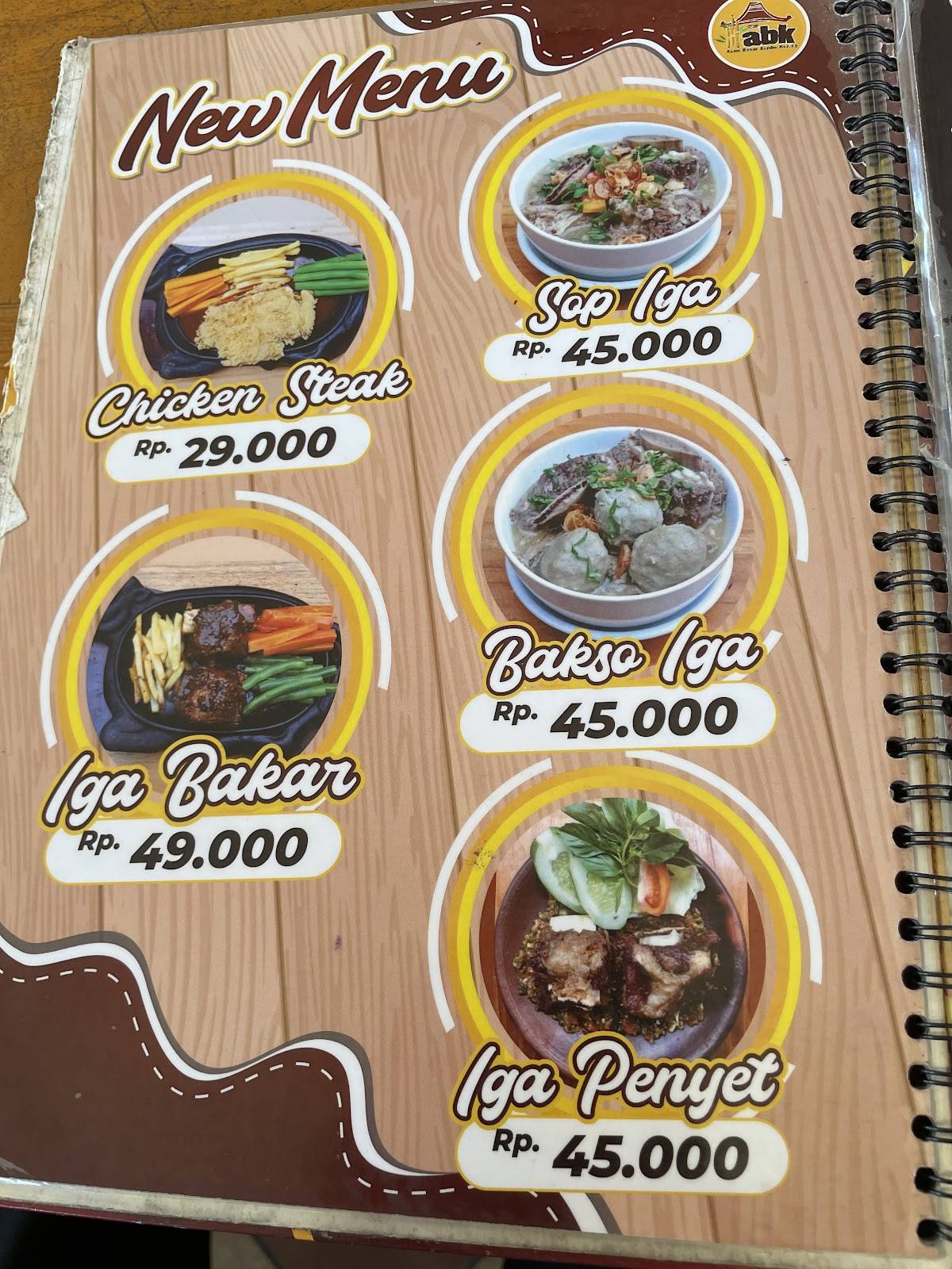 Menu at Ayam Bakar Bambu Kuning restaurant, Purworejo