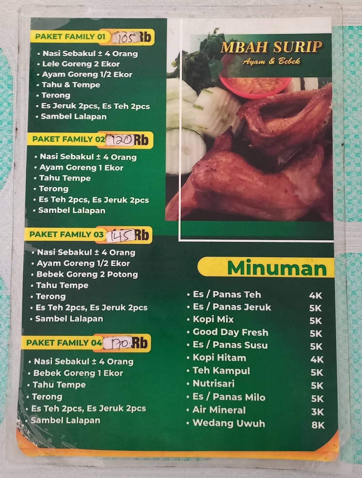 Menu at Ayam Goreng & Bebek Goreng Mbah Surip restaurant, Indonesia