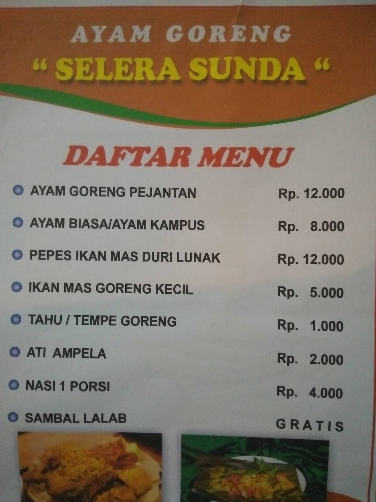 Carta del restaurante Ayam Kampus Selera Sunda, Bandung