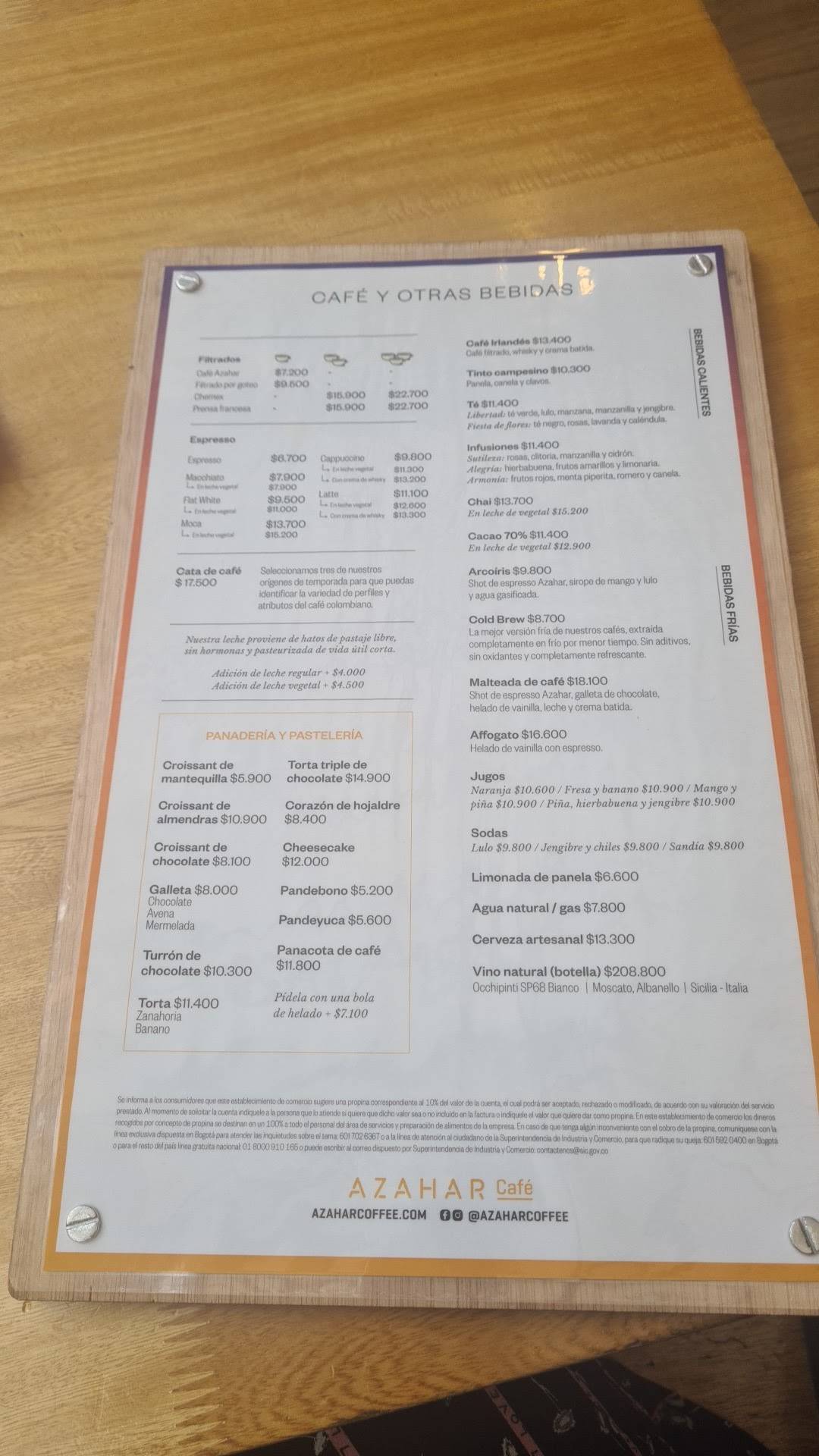 Carta de Azahar Café, Bogotá, Cl 93b #13-91
