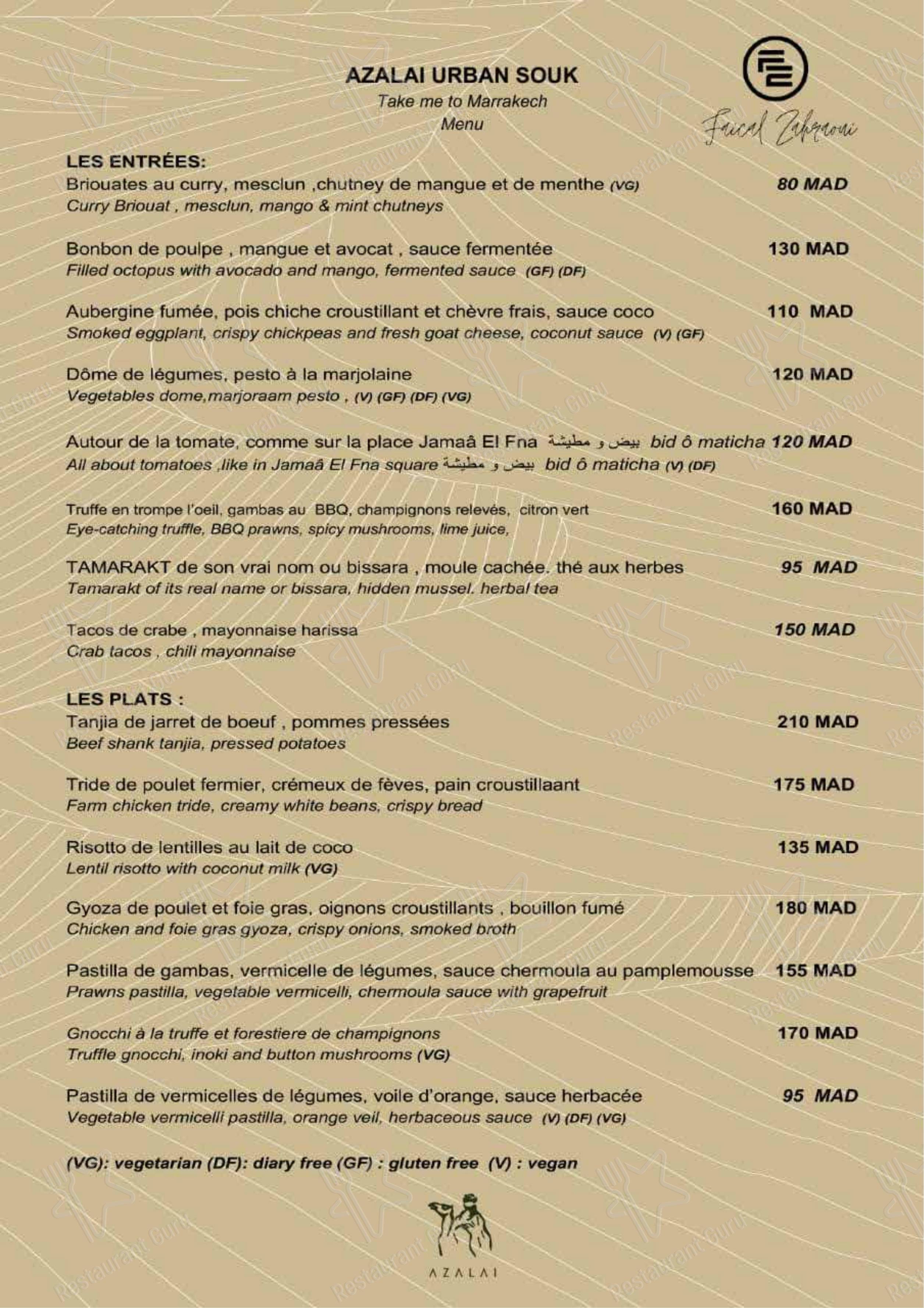 Menu au Azalai urban souk restaurant, Marrakech