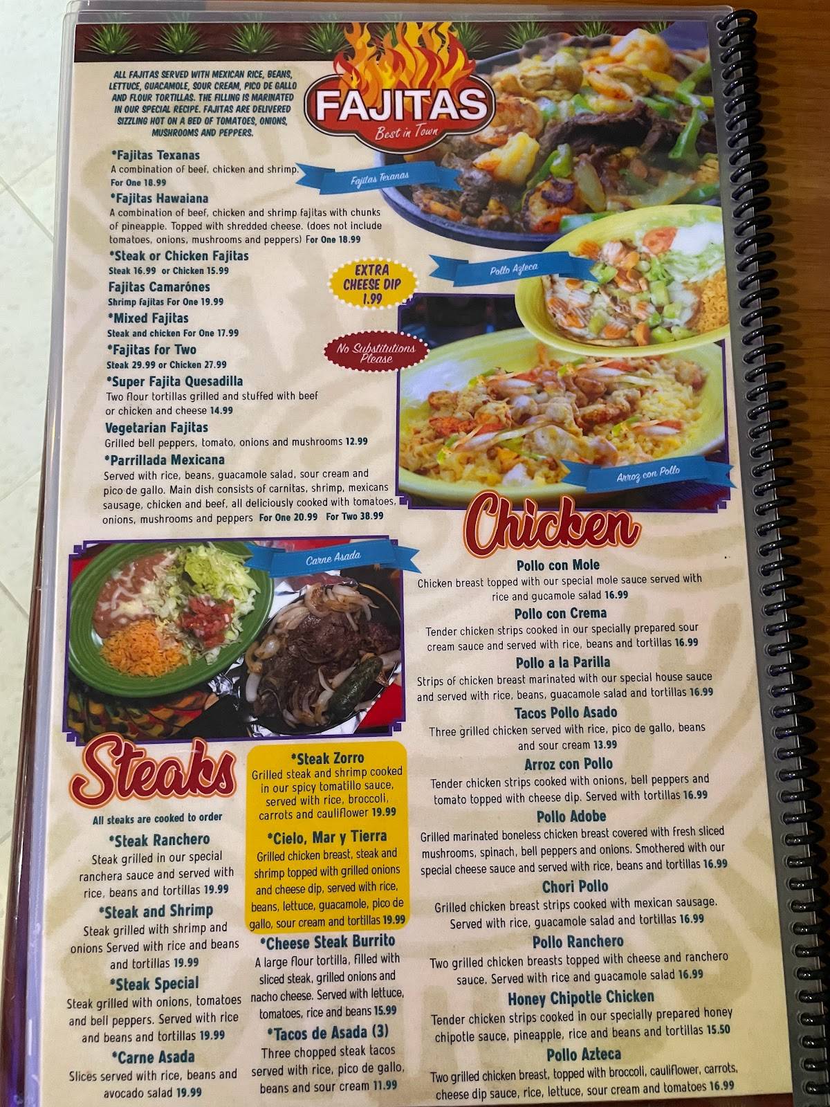 Menu at Azteca Grill restaurant, Lake Wylie