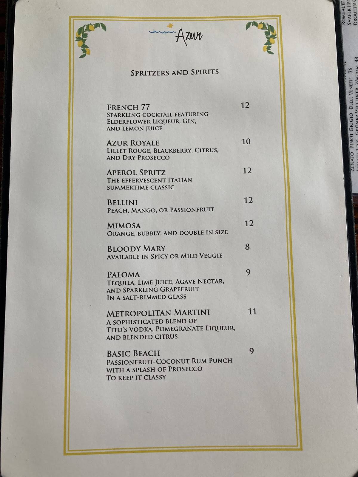 Menu at Azur Restaurant, Key West