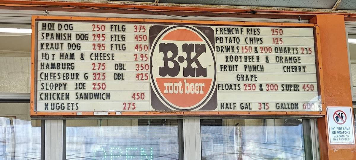 Menu at B & K Root Beer Drive In restaurant, Akron