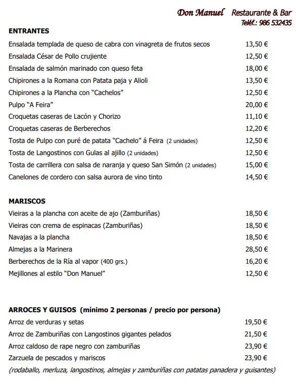 Carta de RESTAURANTE & BAR DON MANUEL CUNTIS, Cuntis