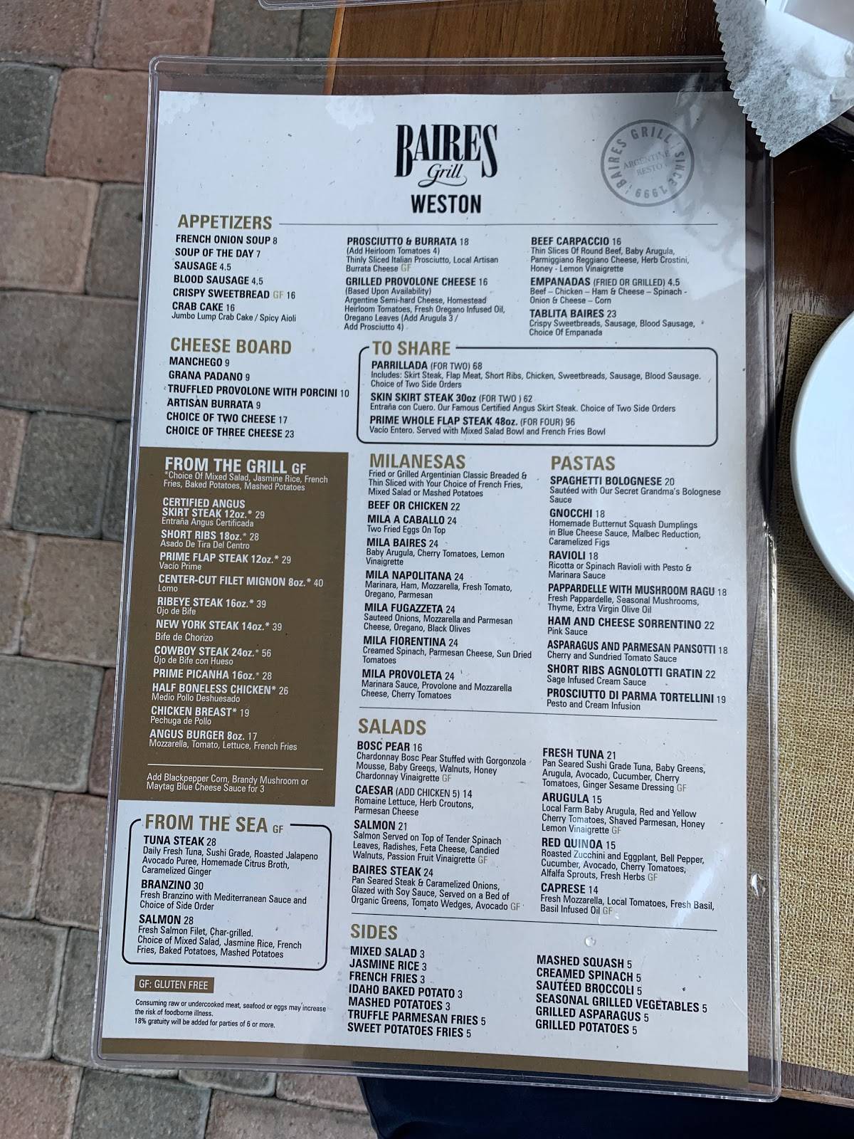 Menu at Baires Grill Weston BBQ, Weston