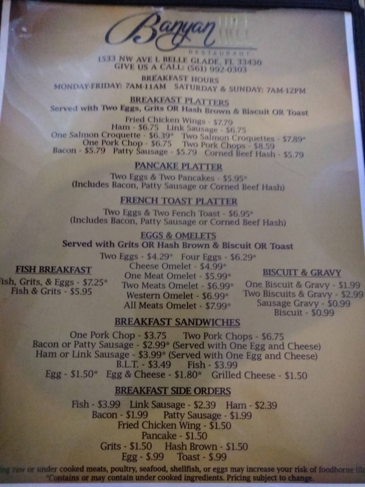 Menu at Banyan Tree Restaurant, Belle Glade