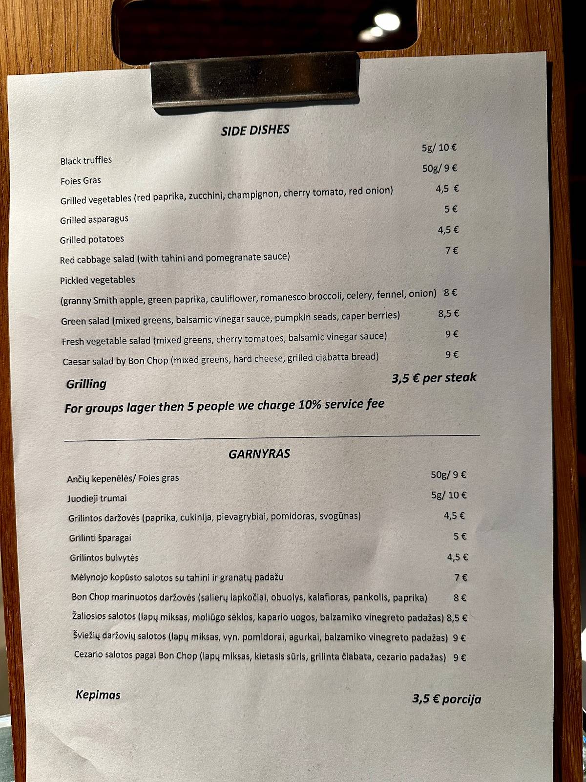 Menu at Bon Chop BBQ, Vilnius