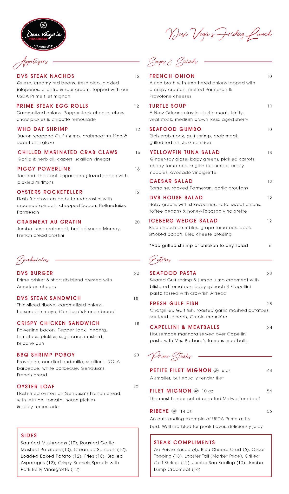 Menu at Desi Vega's Steakhouse - Mandeville, Mandeville